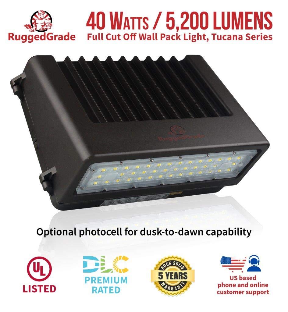 RuggedGrade 40 Watt LED Wall Pack Light - Tucana II Series Full Cut Off - 5,200 Lumens- 5000K - with Photocell Dusk to Dawn Sensor - Dark Sky Compliant