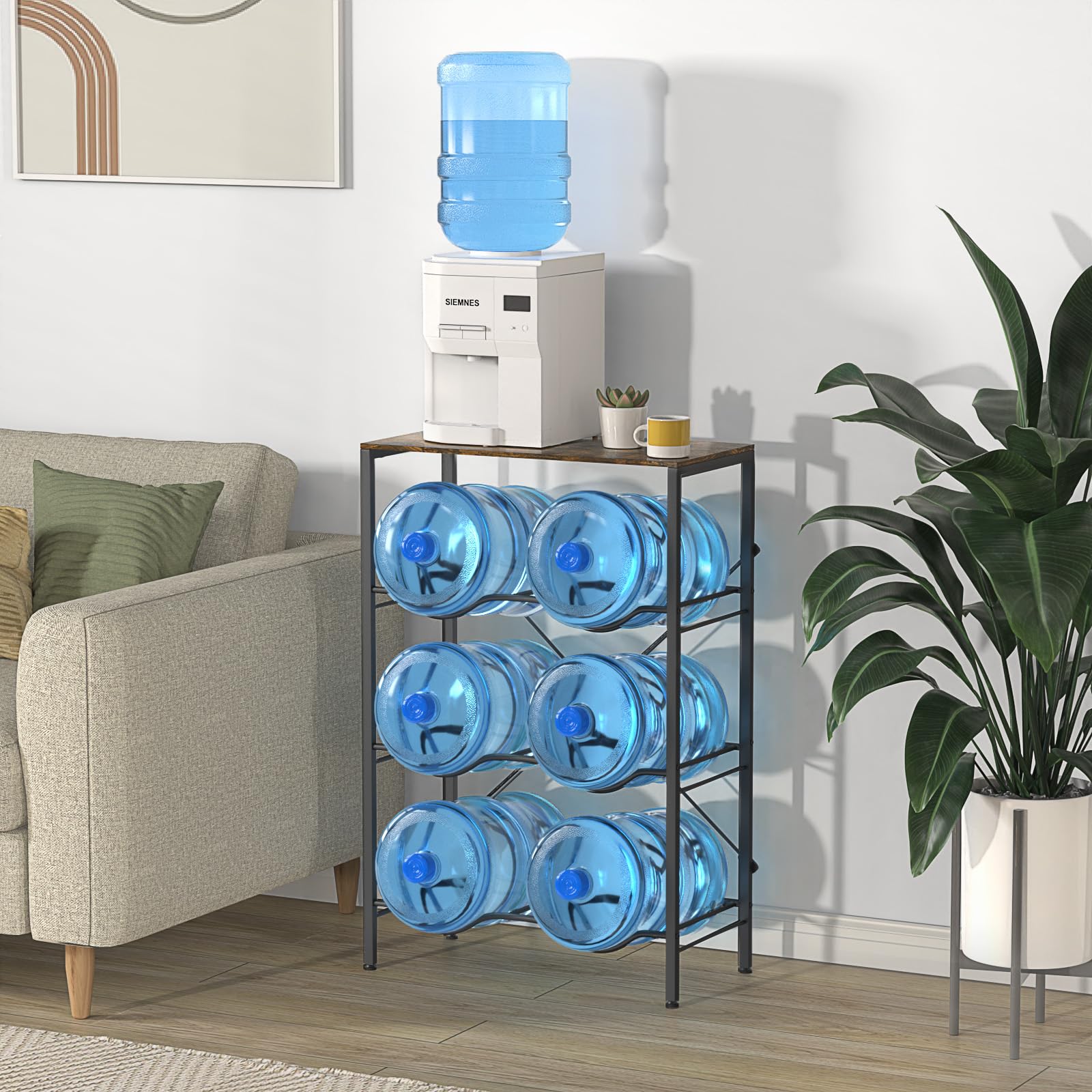 Housolution 3 Tier 5 Gallon Water Jug Holder 6-Tray Water Jug Rack with Top Shelf and 4 Wheels Heavy Duty Movable Water Jug Stand,5 Gallon Water Bottle Holder for Kitchen Office Living Room,Brown