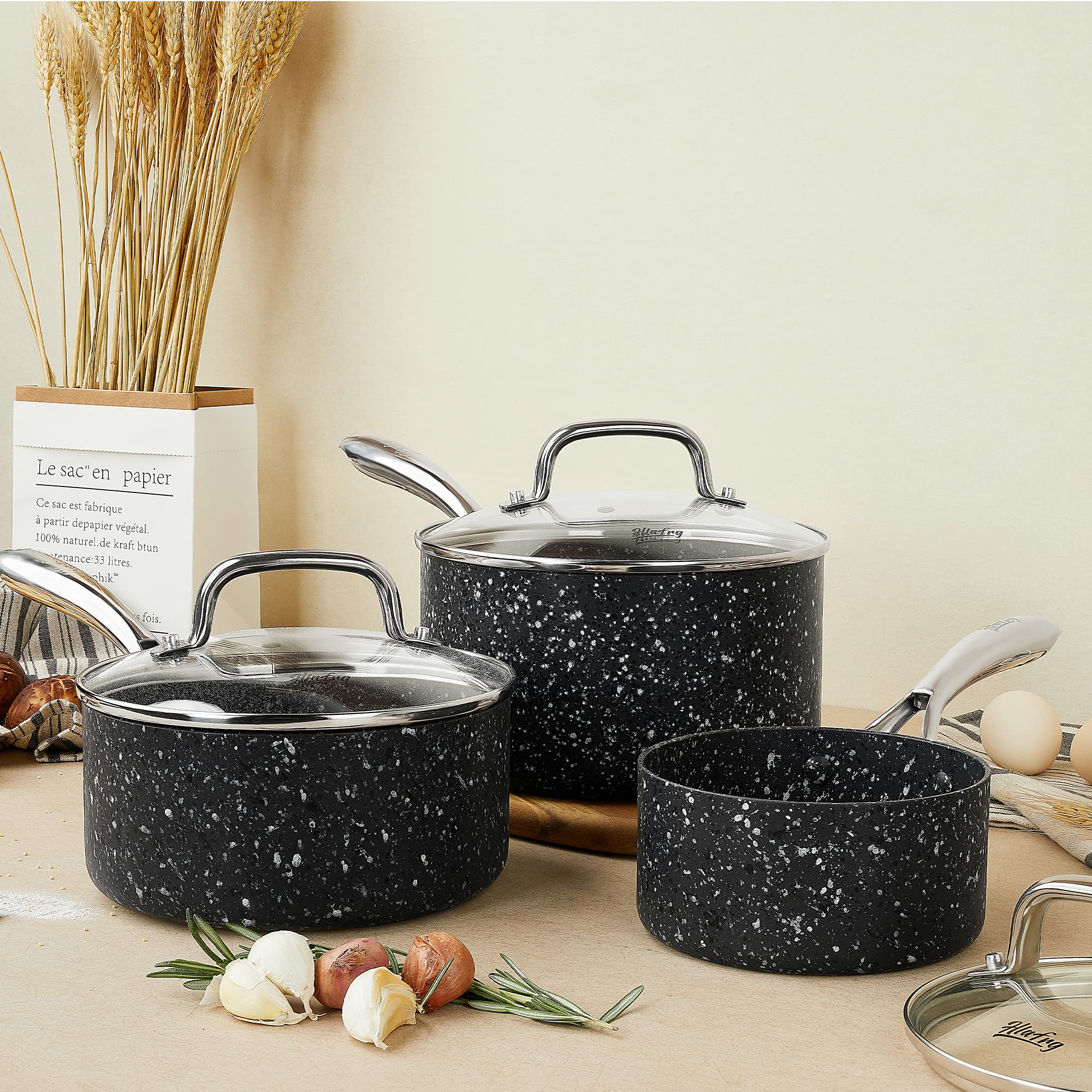 HLFRG 3 Quart Saucepan with Lid, Small Nonstick Sauce Pot with Lid, Insulated stainless steel handle- PFOA FREE Black