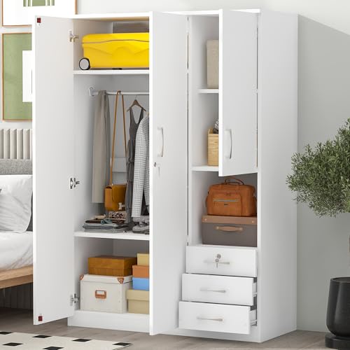 TINIMONI Modern 3-Door Wooden Wardrobe Armoire, Closet Organizer with Shelves, Drawers, and Hanging Rod, Stylish Storage Solution for Bedrooms, White