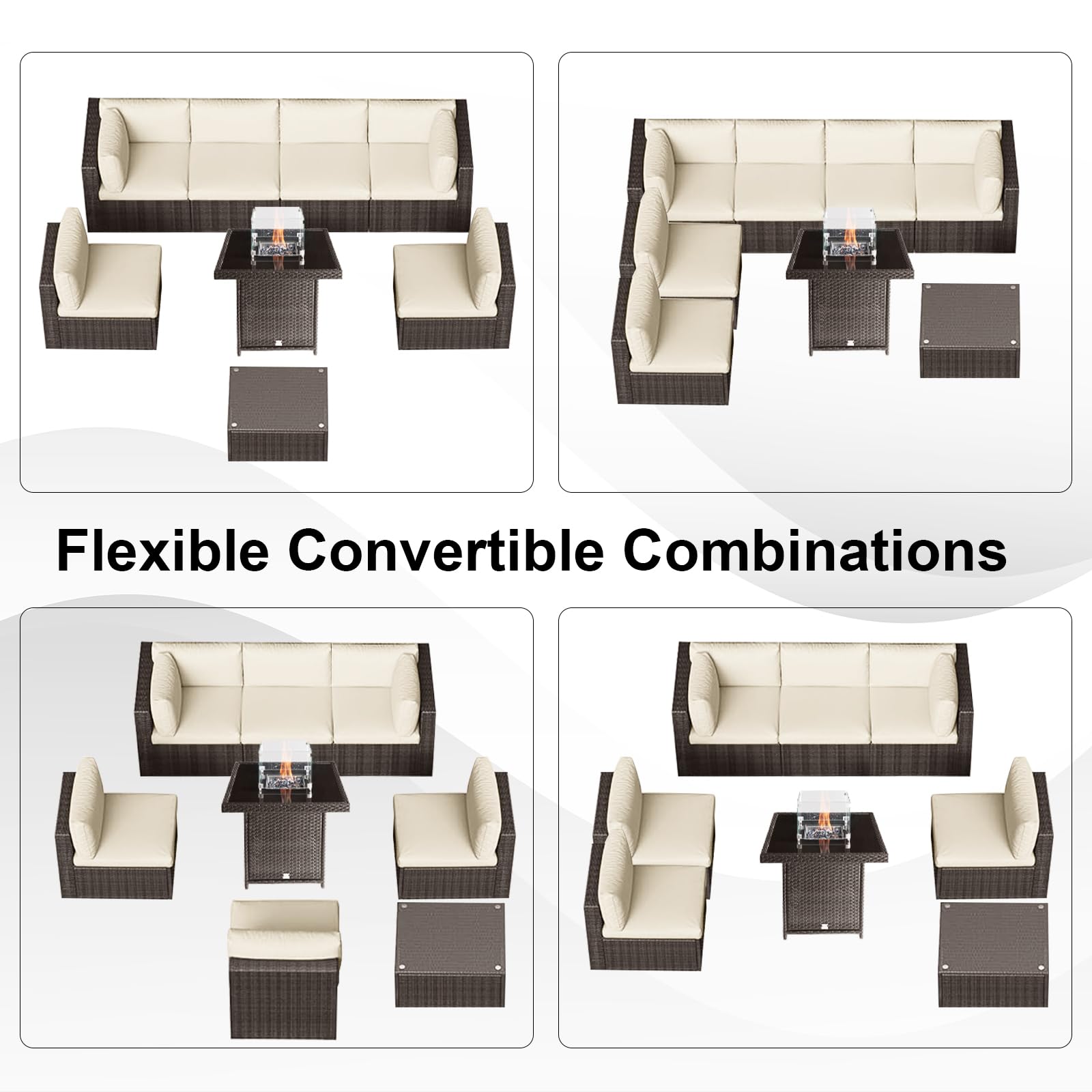 TINKLE WELL Patio Furniture Brown 28" Fire Pit Table, 8 Pieces Sectional Rattan Wicker Conversation Sofa Sets, Thick Cushions, for Yard, Garden, Poolside