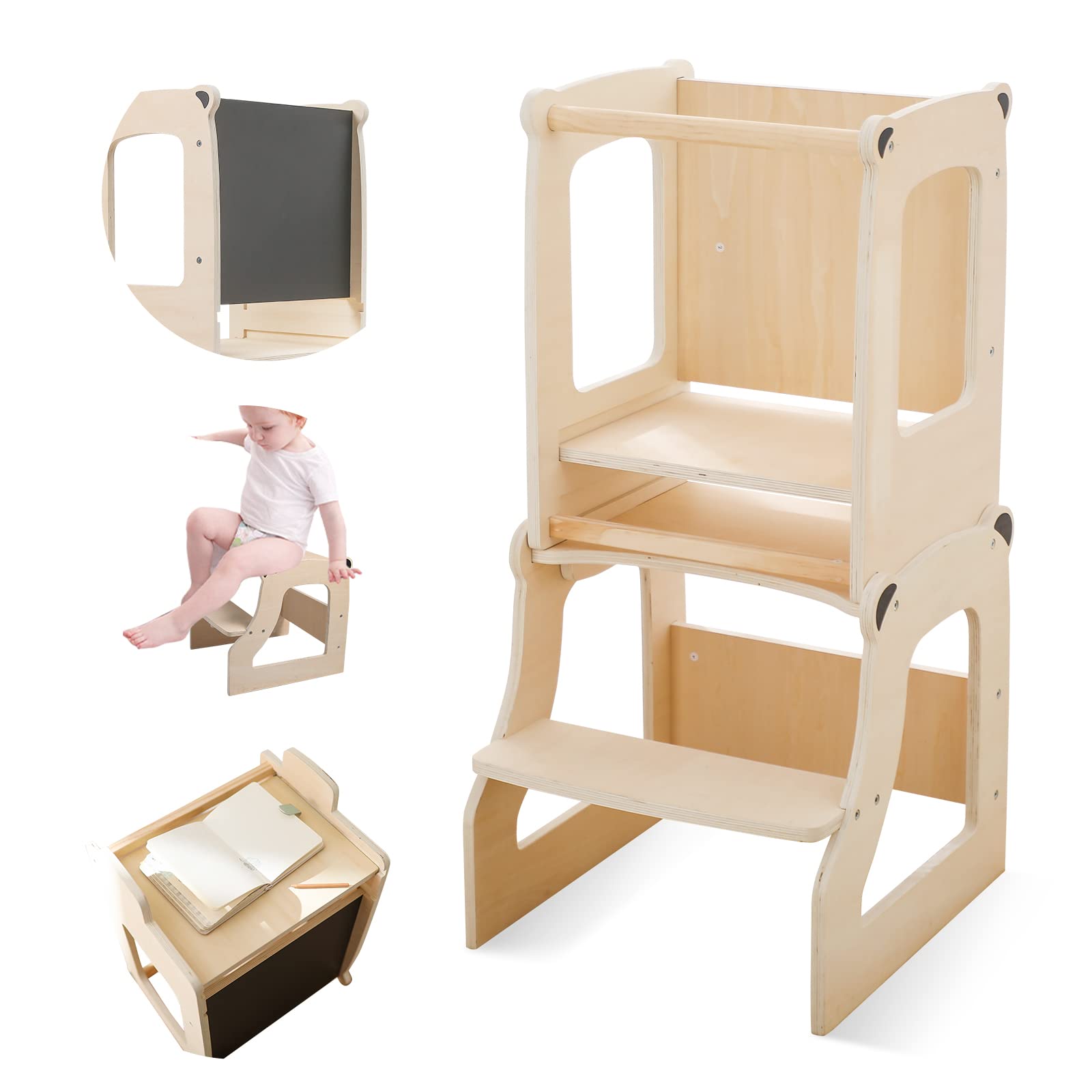 ibwaae 4 in 1 Wooden Toddler Tower Kitchen Step Stool Height Adjustable Standing Helper and Chalkboard Whiteboard Message Board
