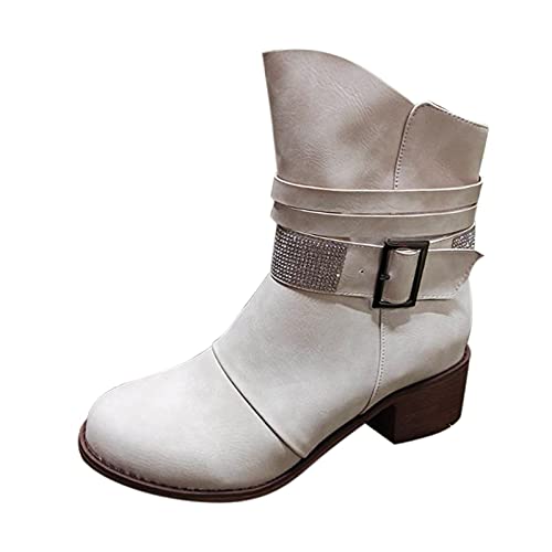 FASDNENDYS Zipper Autumn Heel Ankle Pointed Side Thick Shoes Boots Rhinestone Toe Winter Womens Boots Booties Khaki
