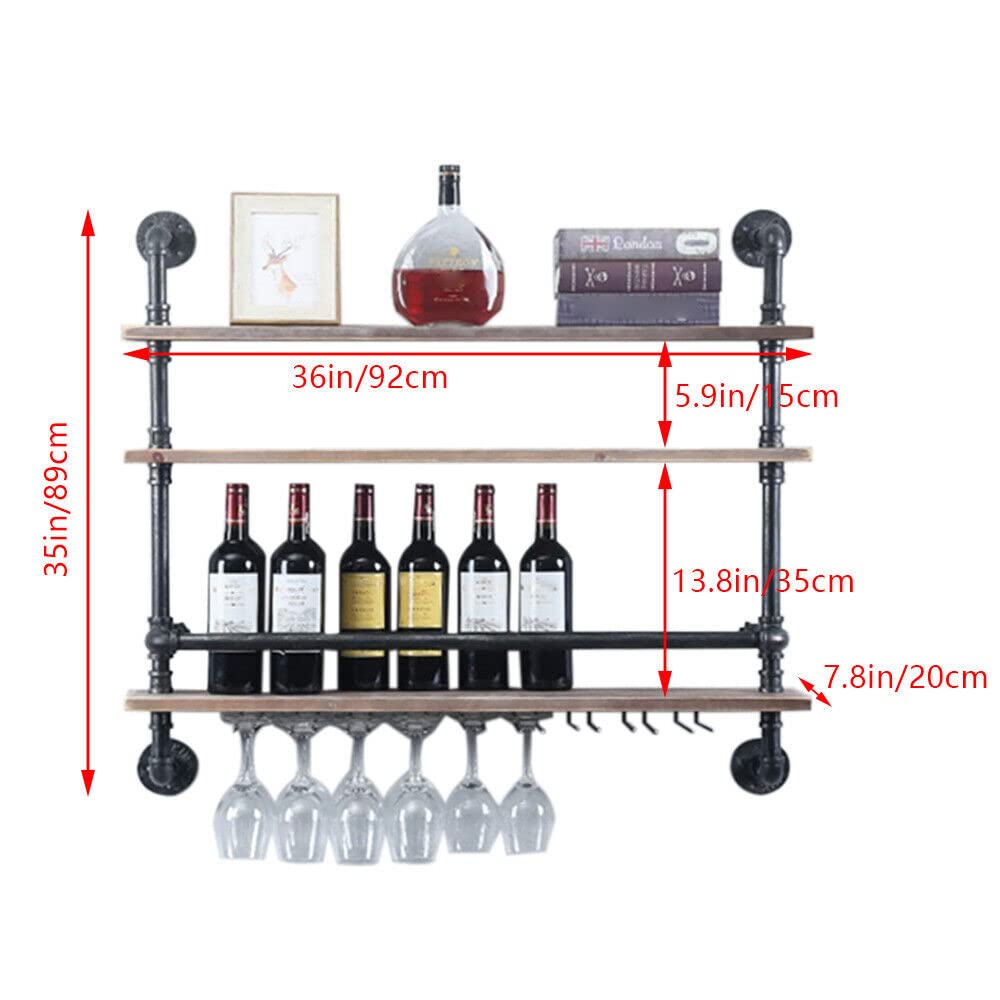 Industrial Pipe Shelf Wine Rack Wall Mounted, 3-Tier Rustic Floating Bar Shelves Wine Shelf with 9 Stem Glass Holder ,36in Real Wood Shelves Wall Shelf Unit