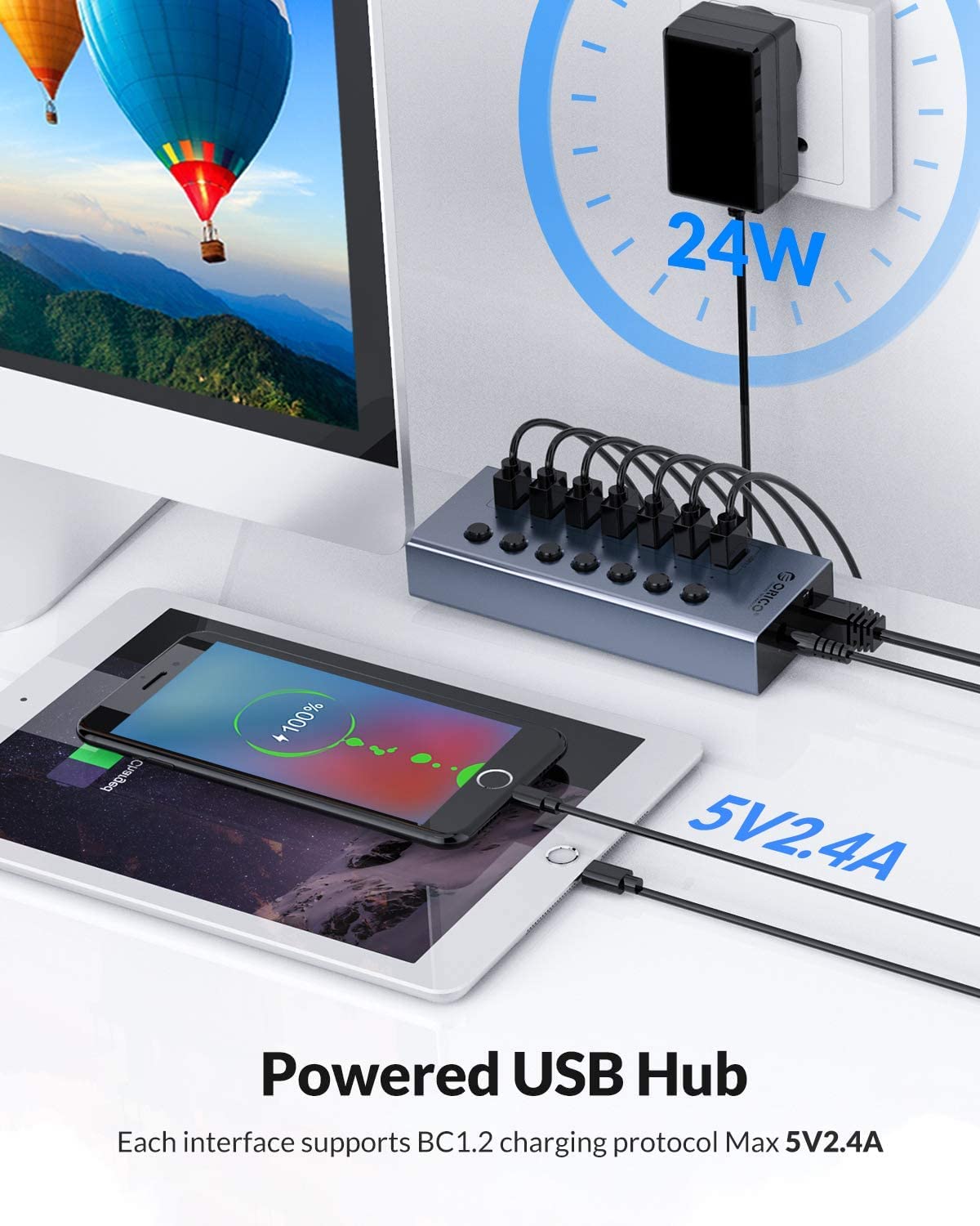 ORICO 13 Port BC1.2 USB 3.0 Hub + Quick Charge with Individual Switches 13 Port USB Data Hub self Power 12V/5A (60W) Black