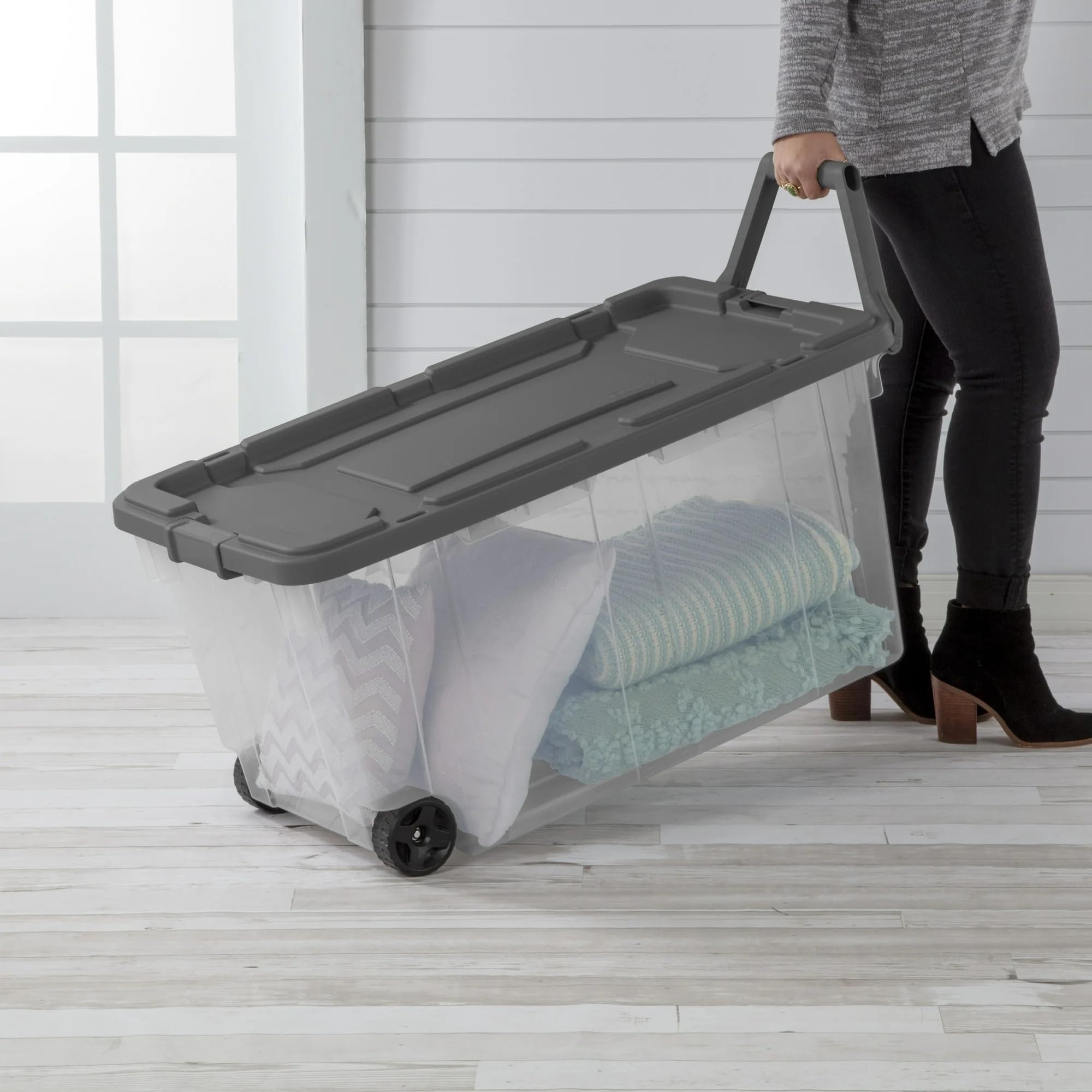 K&J CHIPMUNK Storage Bin 40 Gallon 160 Quart Plastic Rolling Stacker Box Wheeled Storage Box, Lidded Stackable Storage Bin Container for Home, Garage, and Camping Clear Base & Gray Lid 2-pack
