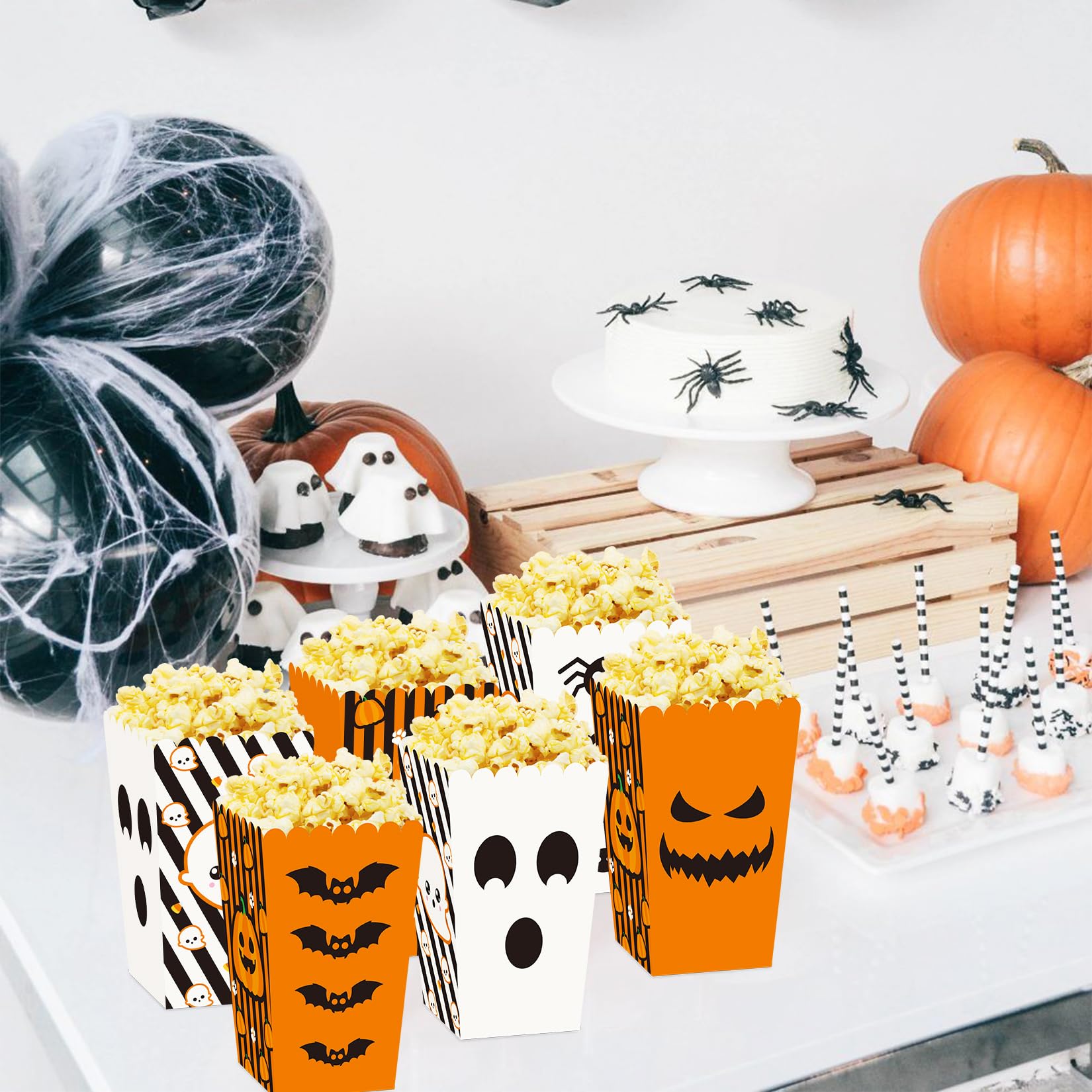 KOWLOON 24PCS Popcorn Paper Boxes Halloween Popcorn Boxes,Ghost Bat Disposable Popcorn Containers for Halloween Party Favor,Pumpkin Snack Treat Boxes Candy Cookie Container Gifts for Kids