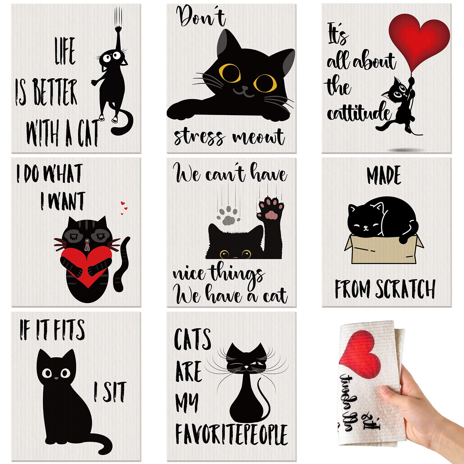 Funtery Cat Swedish Kitchen Dishcloths, 8 Pcs, Wooden, Absorbent, Quick Drying, Suitable for Daily Use, Cat Lover Gifts