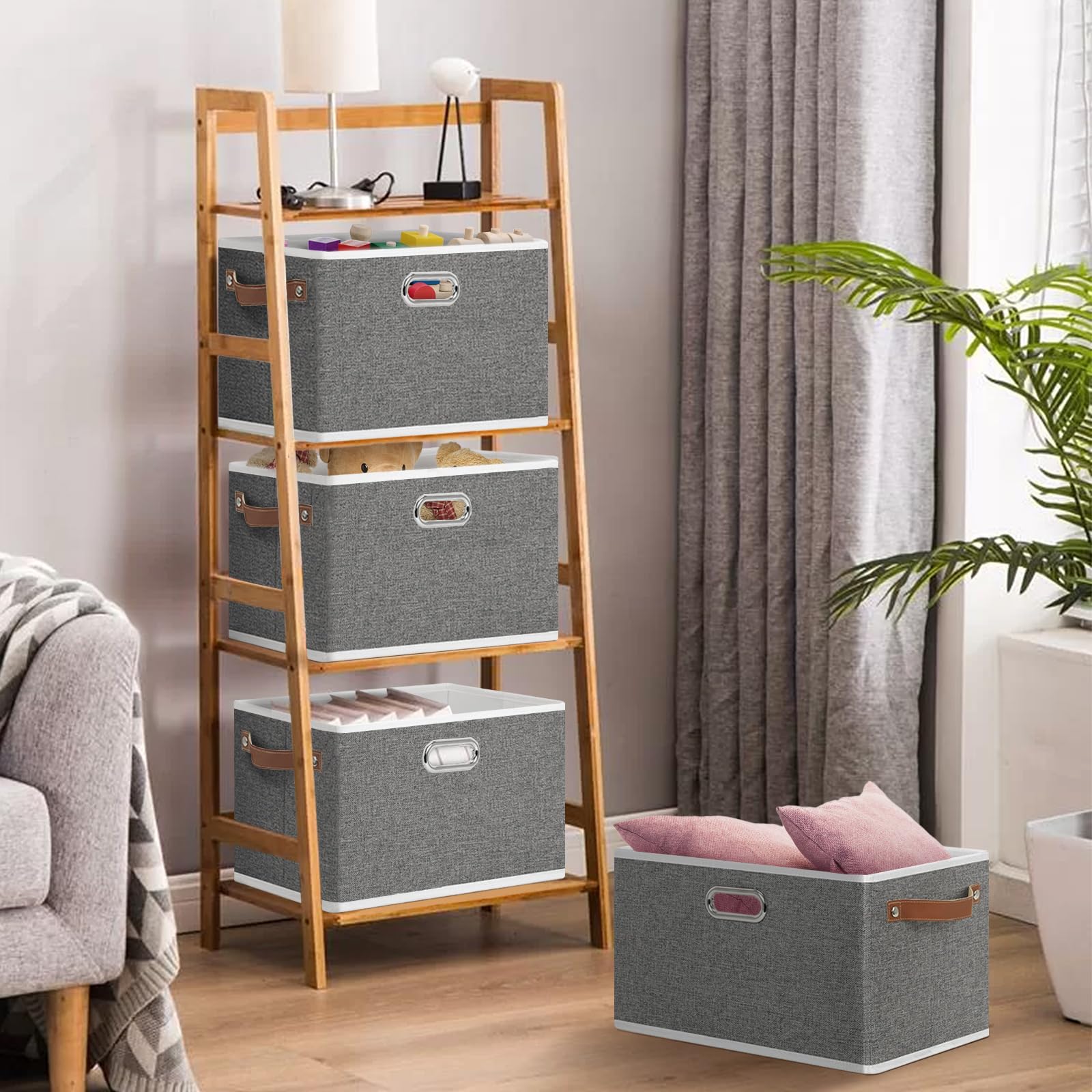 LOVSTORAGE Collapsible Storage Boxes, 4 Pack Fabric Foldable Storage Bins Organizer Containers with Dual Leather Handles,15.0 x 9.8 x 8.3 inch Storage Organizer Baskets for Shelves Home, Grey