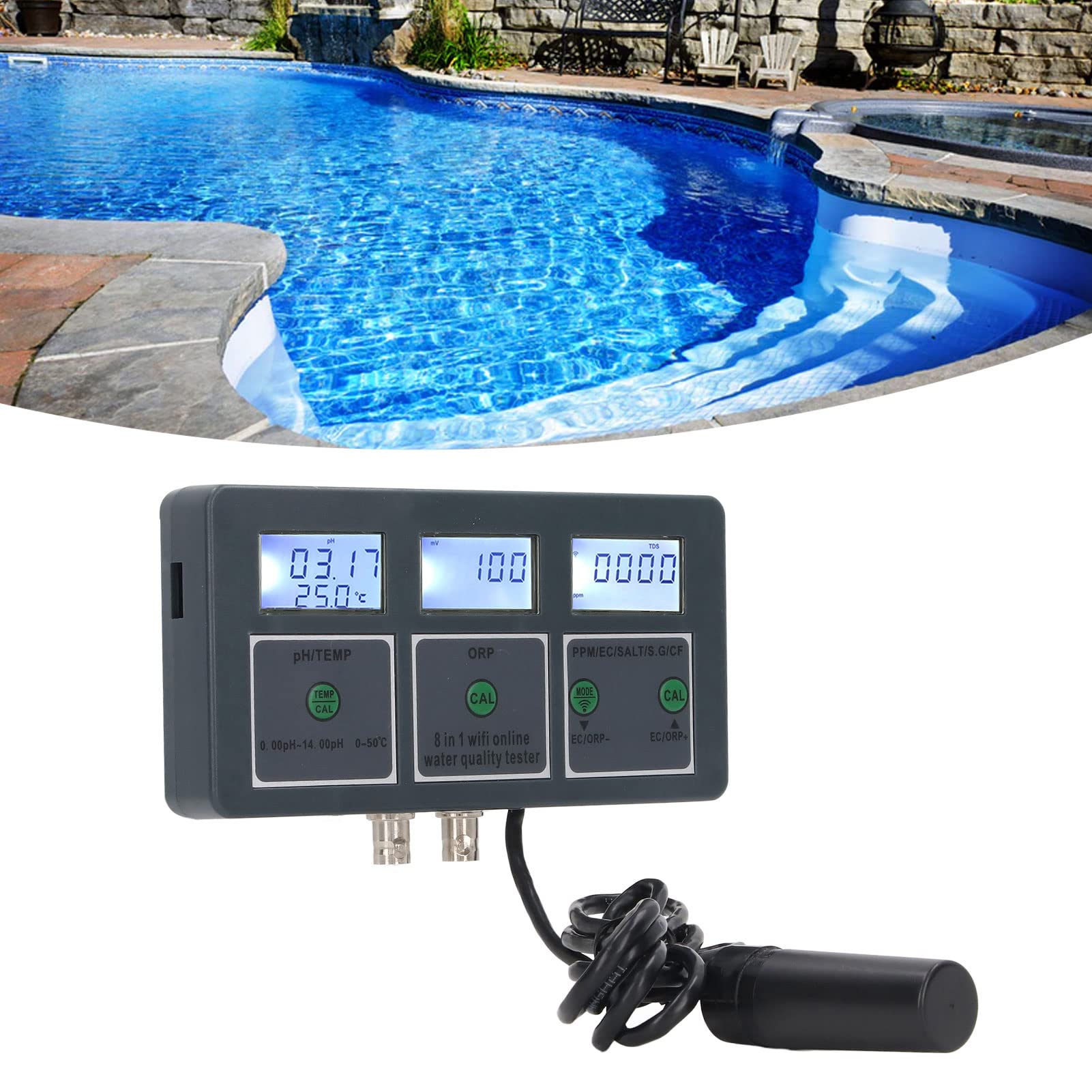 Multi Parameter Water Quality Tester, PH Meter S.G PH EC Salt ORP TDS CF Temp 8 in 1 Rechargeable Online Monitoring for Aquarium
