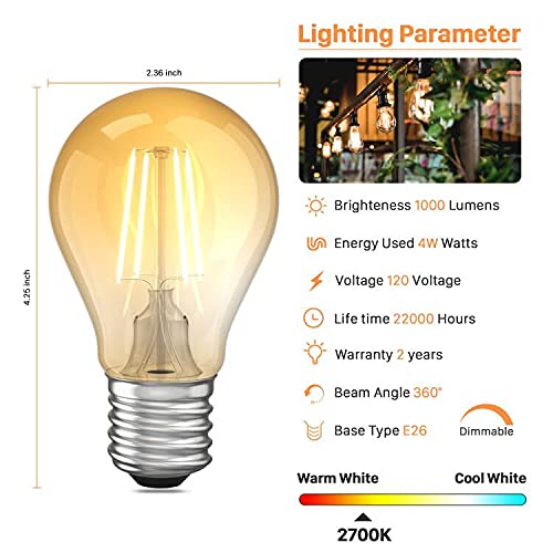 E26 Dimmable Vintage LED Edison Bulbs, A60 Antique Vintage Style Light, 2700K Warm Light, 22,000 Hours Lifespan, 110V-130V, 40 Watt Equivalent, Waterproof, Amber (4 Pack)