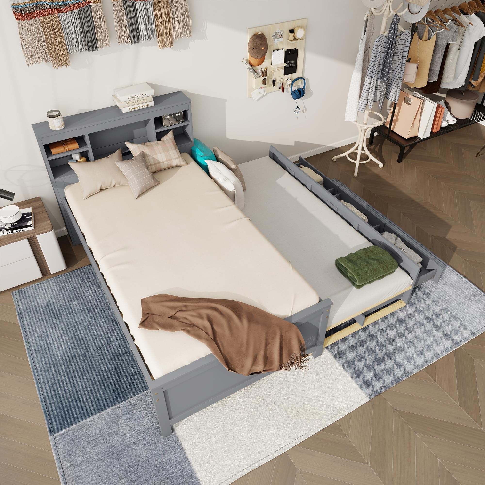 LUSPAZ Full Size Platform Bed Frame with Storage Headboard, USB Charging Station, Twin Size Trundle and 3 Drawers for Bedroom and Apartment, Wood Bed Frame, No Box Spring Required,Easy Assembly,Gray