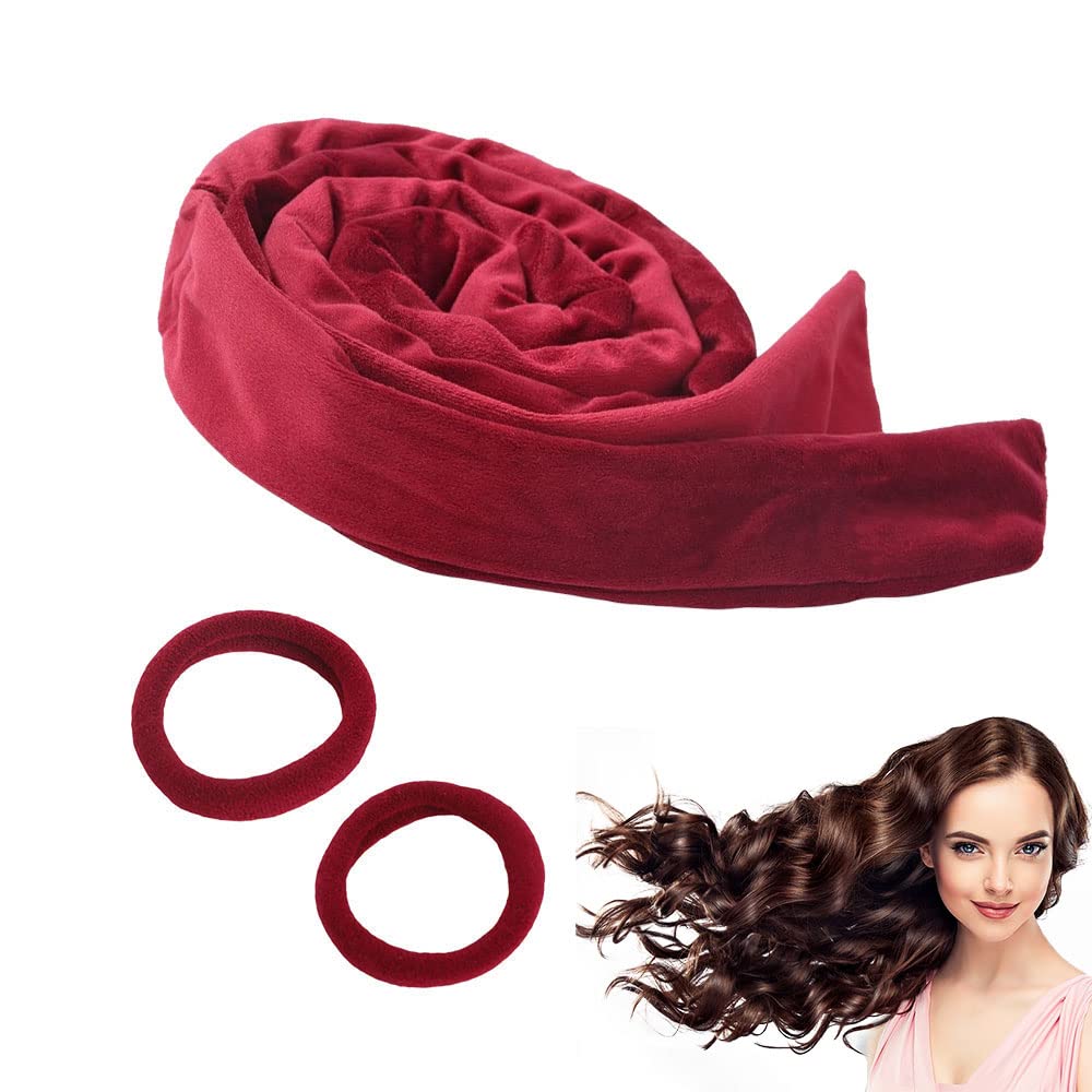Heatless Sleeping Curling Rod Headband, No Heat Curl Ribbon with Clips and Scrunchie,Natural Soft Wave DIY Hair Rollers Styling Tool (Wine red)