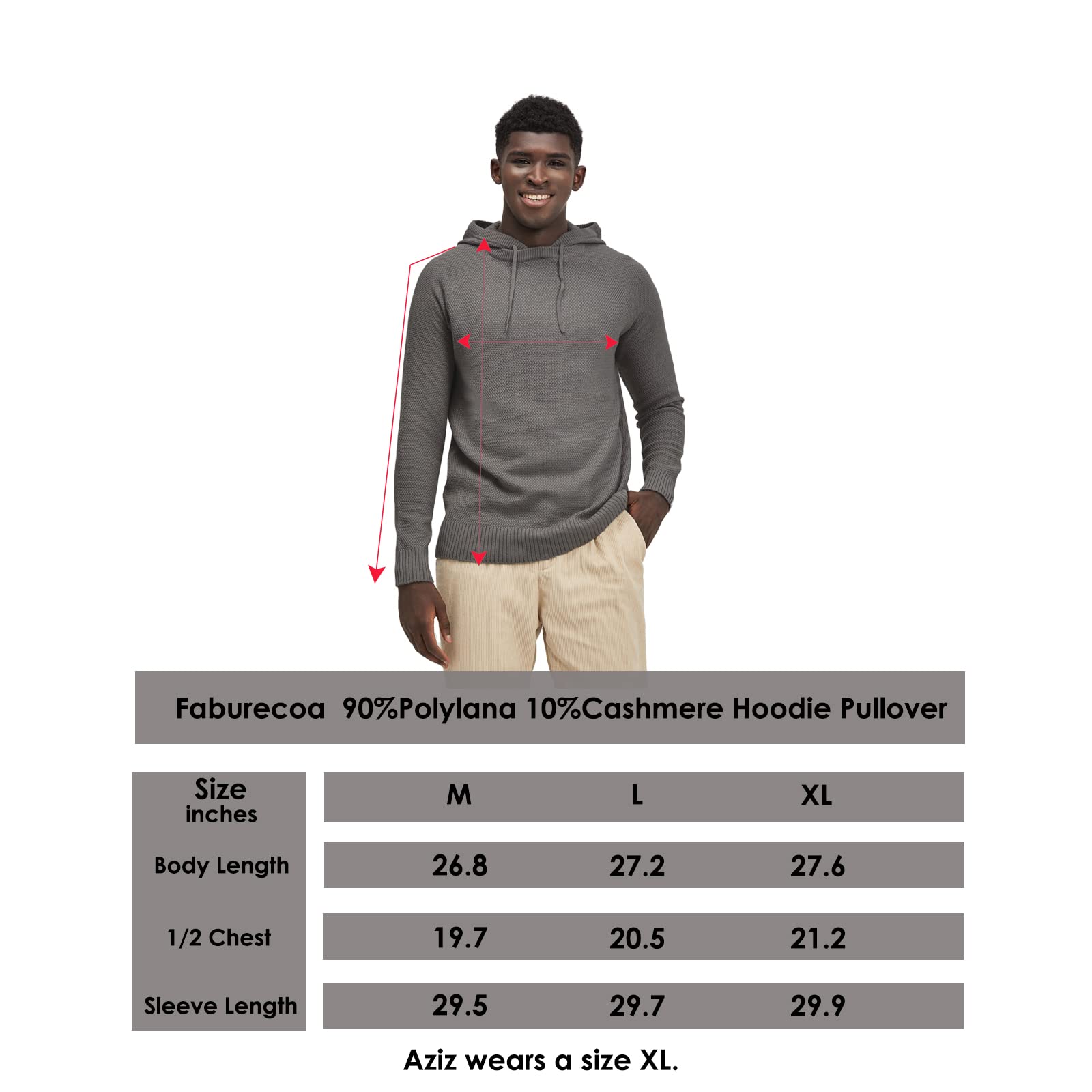 Faburecoa Men's Polyana Cashmere Crewneck Pullover Hoodie Sweater Pique Knit with Long Sleeve