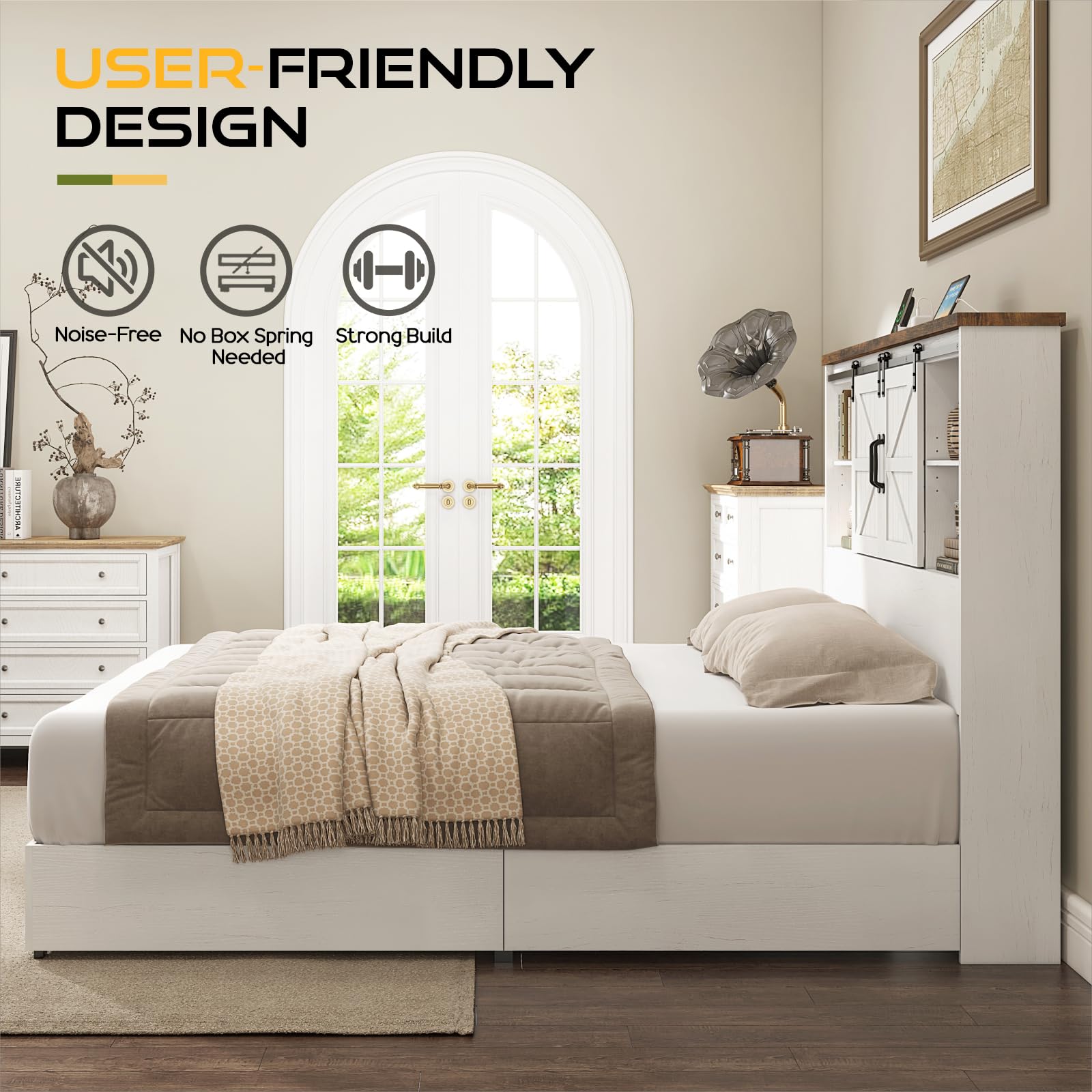 HOWE King Size Wood Platform Bed Frame with 51.2" Bookcase Headboard, Storage Bed with Sliding Barn Door Charging Station 2 Drawers, No Box Spring Needed/Farmhouse/White
