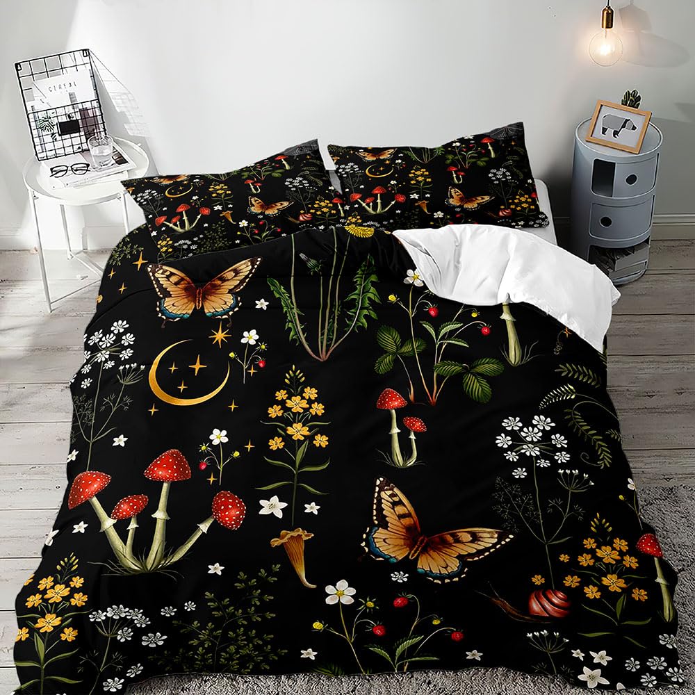 LUVIVIHOME 3PCS Black Duvet Cover Full Bedding Set, Cottagecore Boho Moon and Stars Red Mushroom Butterfly Moth Snail Wildflower Floral Plant Botanical Comforter Bedspread Quilt Cover, 2 Pillow Shams