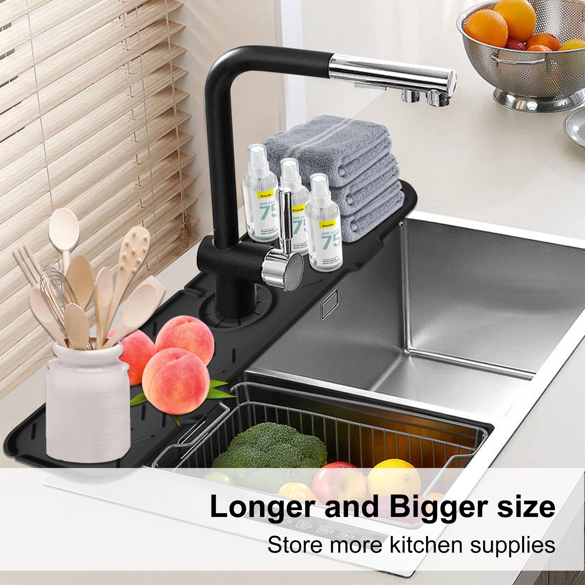 Kitchen Sink Splash Guard, Silicone Faucet Handle Drip Catcher Tray, Kitchen Sponge Holder Faucet Absorbent Sink Protectors Mat for Kitchen Bathroom Sink Accessories 19.7" x 5.6"