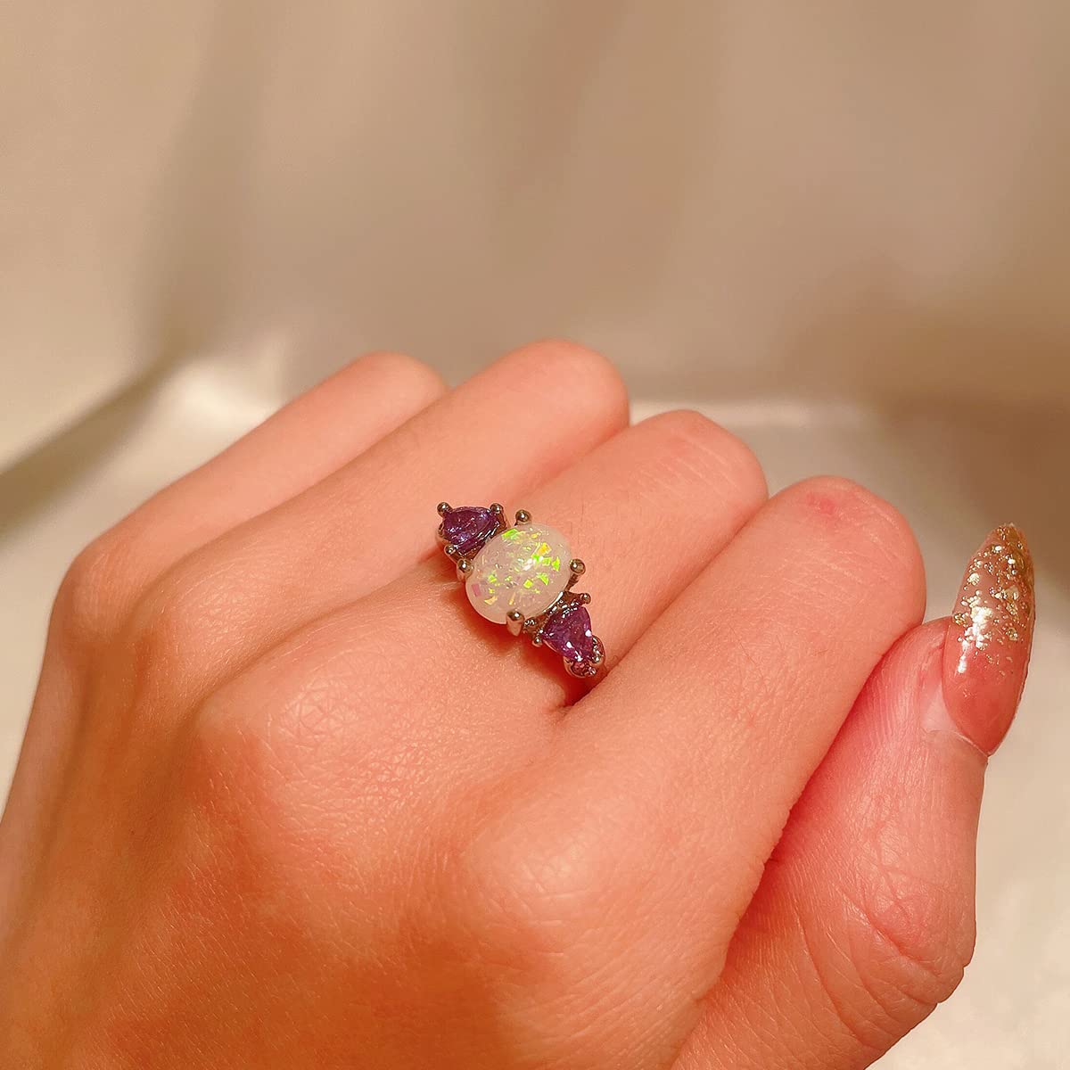 ERLOSYA Women's 925 Sterling Silver White Fire Opal Ring Oval Cut Purple Amethyst Cubic Zirconia Ring Jewelry Birthday Gift Gemstone Anniversary Size 6-9 (#7)