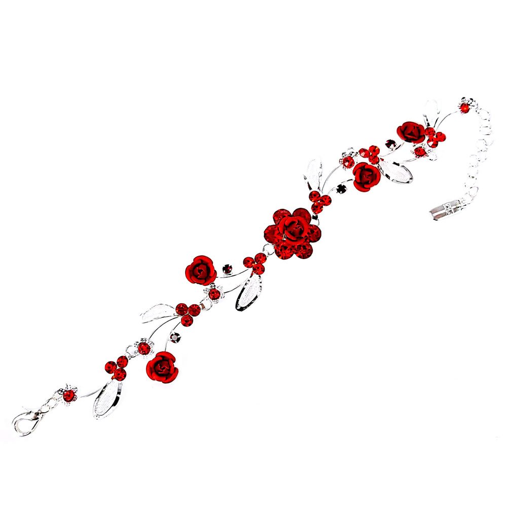 Faceted Metal Rose & Crystal Rhinestone Mesh Leaf Bracelet Bridal Prom (Red)