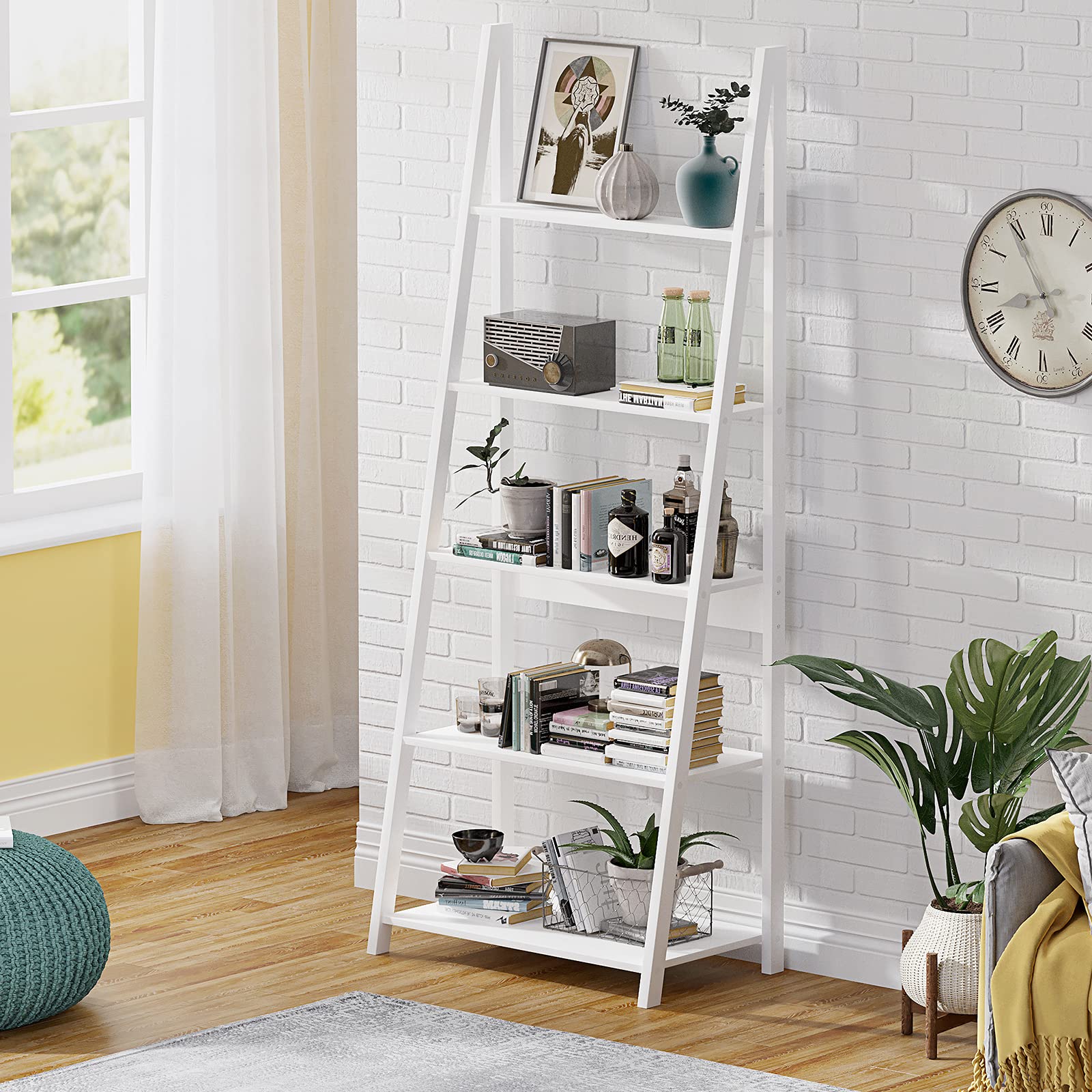 EPHEX 5-Tier Ladder Shelf Bookcase, Leaning Bookshelf, Wooden Frame Decor Modern Bookshelf Storage, Flower Shelf Plant Display Shelf for Home Office (Brown)