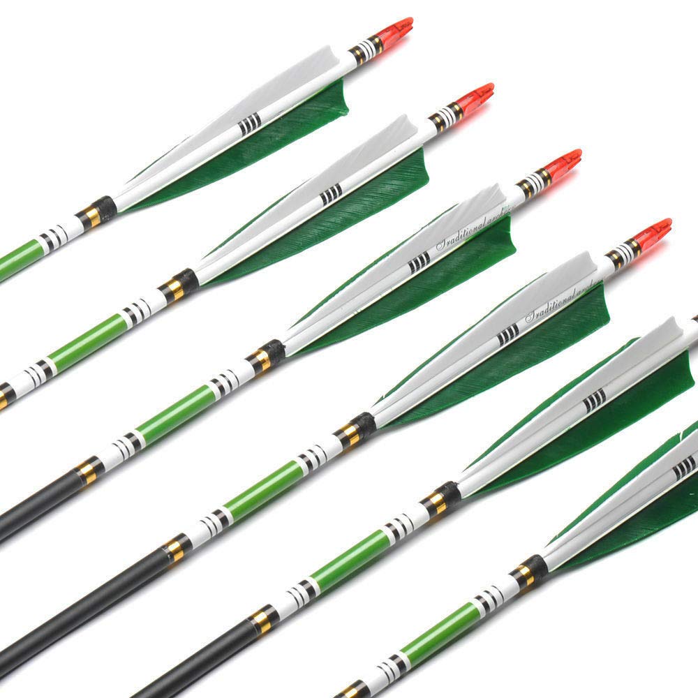 EROCK 12Pcs Carbon Archery Arrows 31inch with Green Turkey Real Feather Fletching Arrow for Recurve Compound Bows Hunting Target Practice, Spine 500, 7.6mm, Replaceable Arrowhead