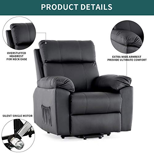 EROMMY Power Lift Recliner Chair, PU Leather Recliner with Massage and Heat for Elderly, Side Pocket, Wired Remote Control, Black
