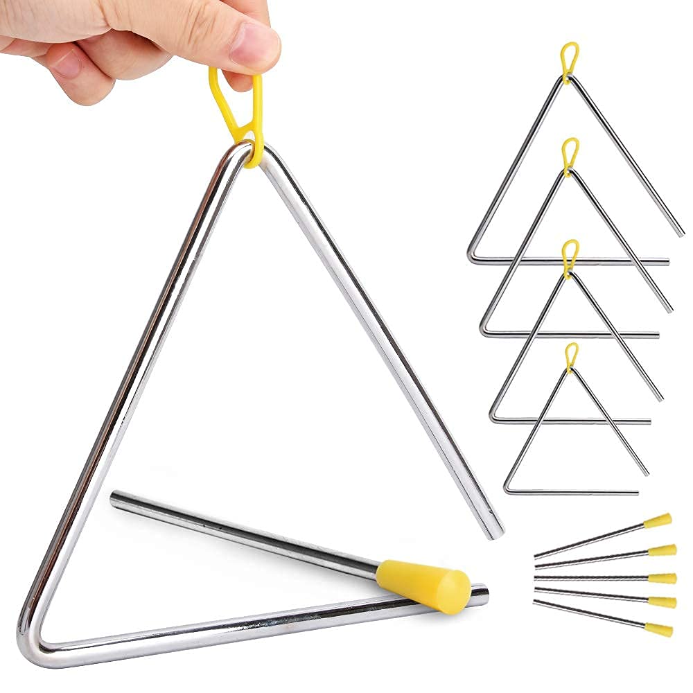 Facmogu 5 Pack Hand Percussion Triangles with Strikers, 5 Sizes, 4" 5" 6" 7" 8" Musical Steel Triangle Instruments for Music Learning Practicing Enlightenment