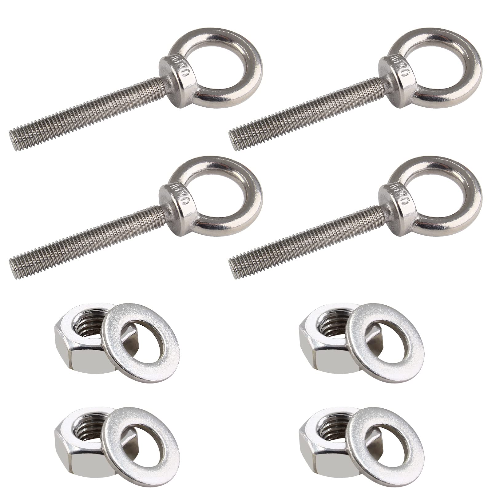 Lanzeuta 4 Pack Eye Bolt, 3/8" x 2.75" Stainless Steel Lifting Ring Threaded Eyebolts, Marine Grade Expansion Bolts with Nuts