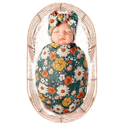 Konssy Baby Girl Newborn Receiving Blanket with Headband Set Baby Swaddle Nursery Swaddle Wrap