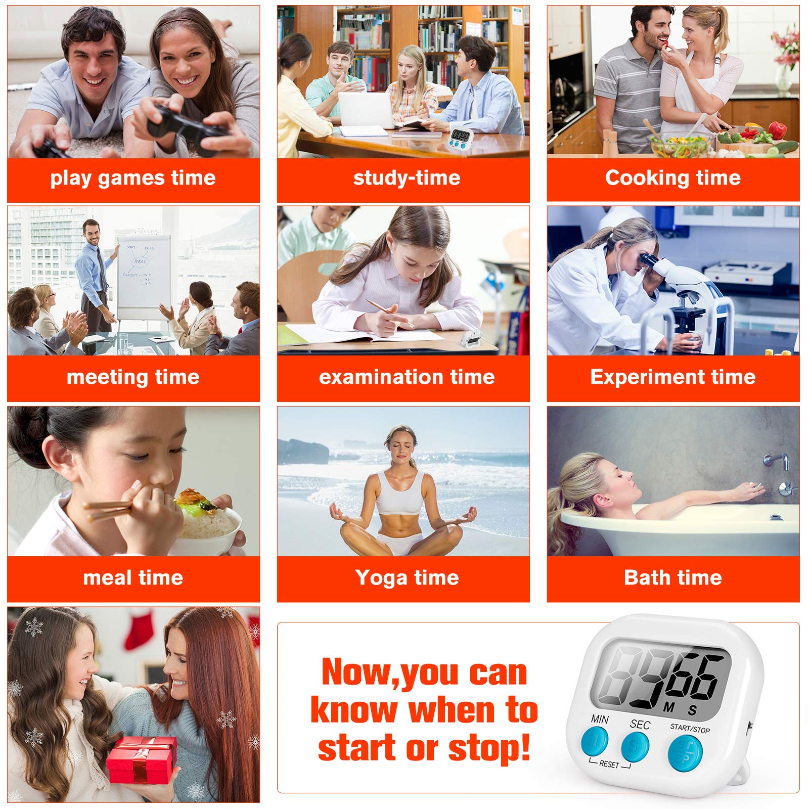Kitchen Timer (Battery Included), Magnetic Digital Timers Loud Alarm Kitchen Timers for Cooking 2 Pack White, Upgrade Silent Classroom Timer for Kids, Back Stand for Visual Timer