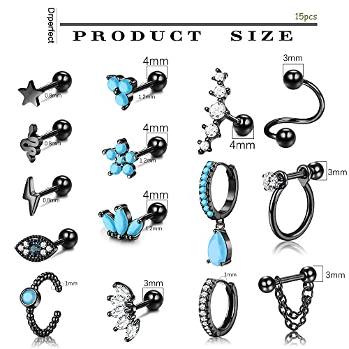 Drperfect Cartilage Earring Set Spiral Curved Flower Snake Cuff Dangle Chain Turquoise Stud Hoop Cartilage Helix Conch Piercing Jewelry
