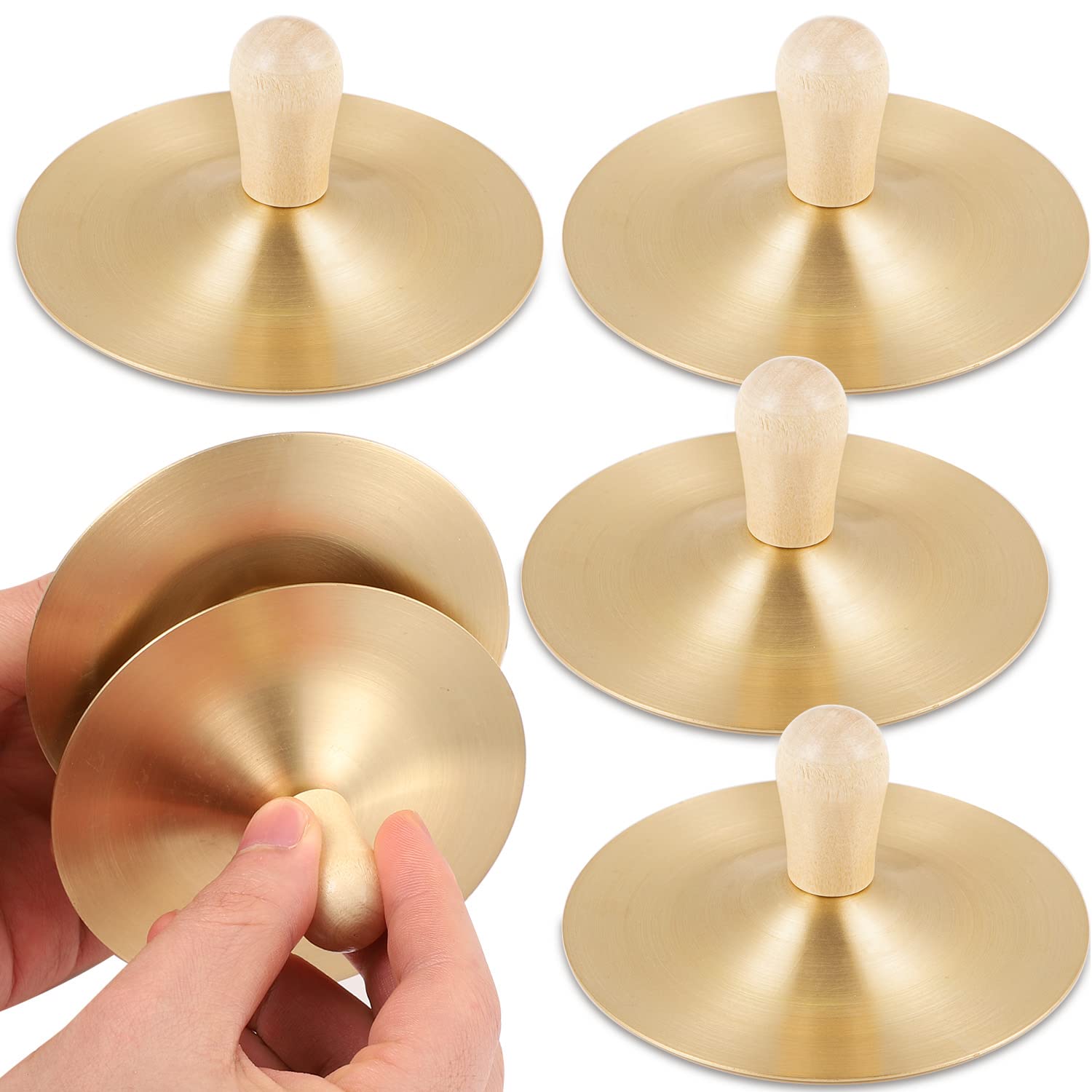 Facmogu 2 Pair 3.5 Inch Finger Cymbals, Generic Hand Cymbals With Wood Knobs for Belly Dance Lover, Belly Dance Finger Cymbal with Wooden Handles for Dancer Party
