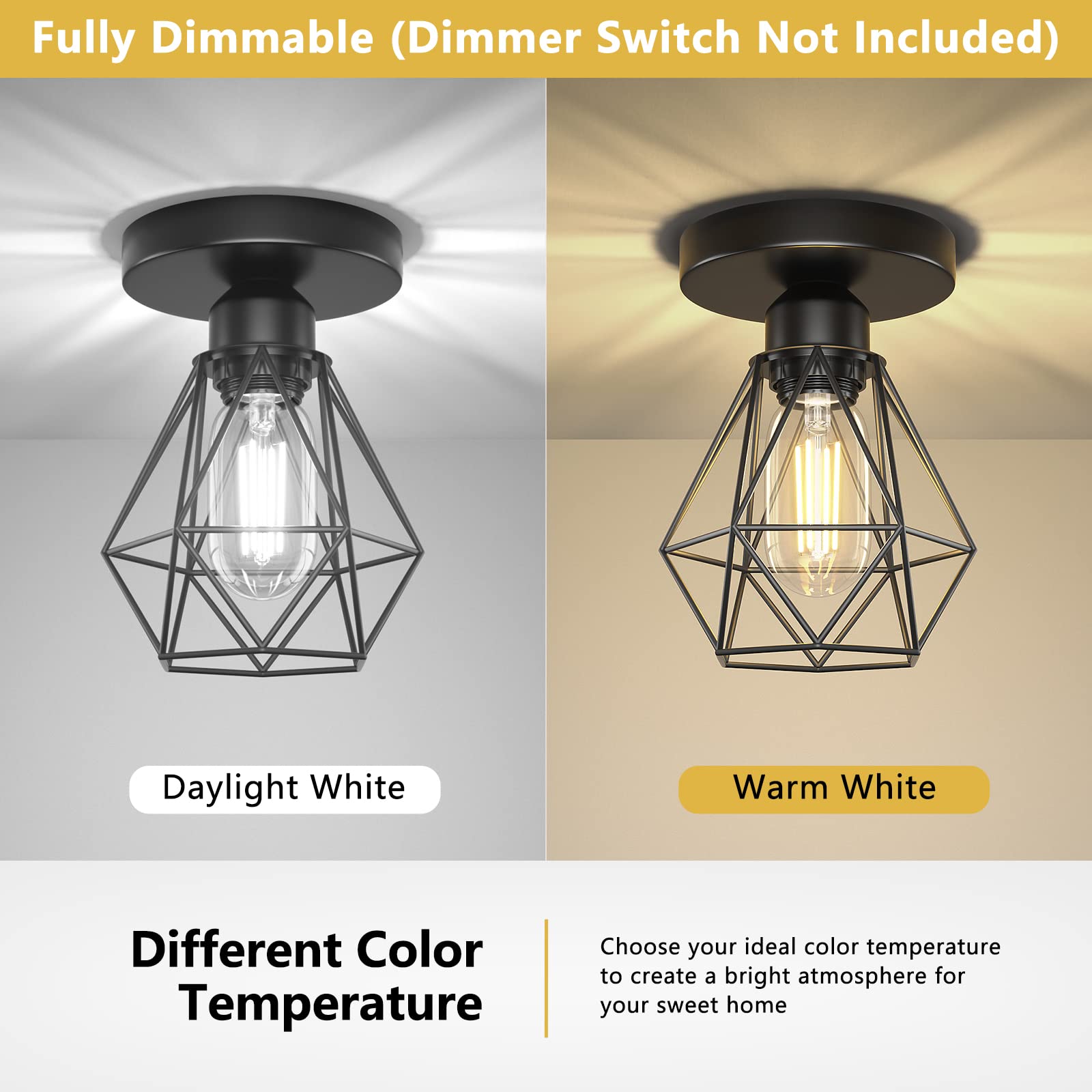 FadimiKoo 2-Pack Semi Flush Mount Ceiling Light, Black Hallway Light Fixtures Ceiling Mount, Farmhouse Metal Cage Pendant Indoor Modern Ceiling Lamp for Kitchen Porch Bedroom (LED Bulbs Included)