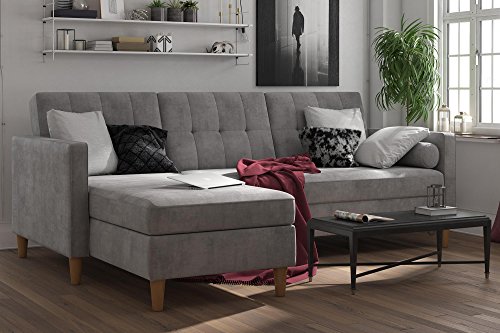 DHP Hartford Storage Sectional Futon with Interchangeable Chaise, Space-saving Design with Multi-position Back, Wooden Legs, Light Grey Chenille