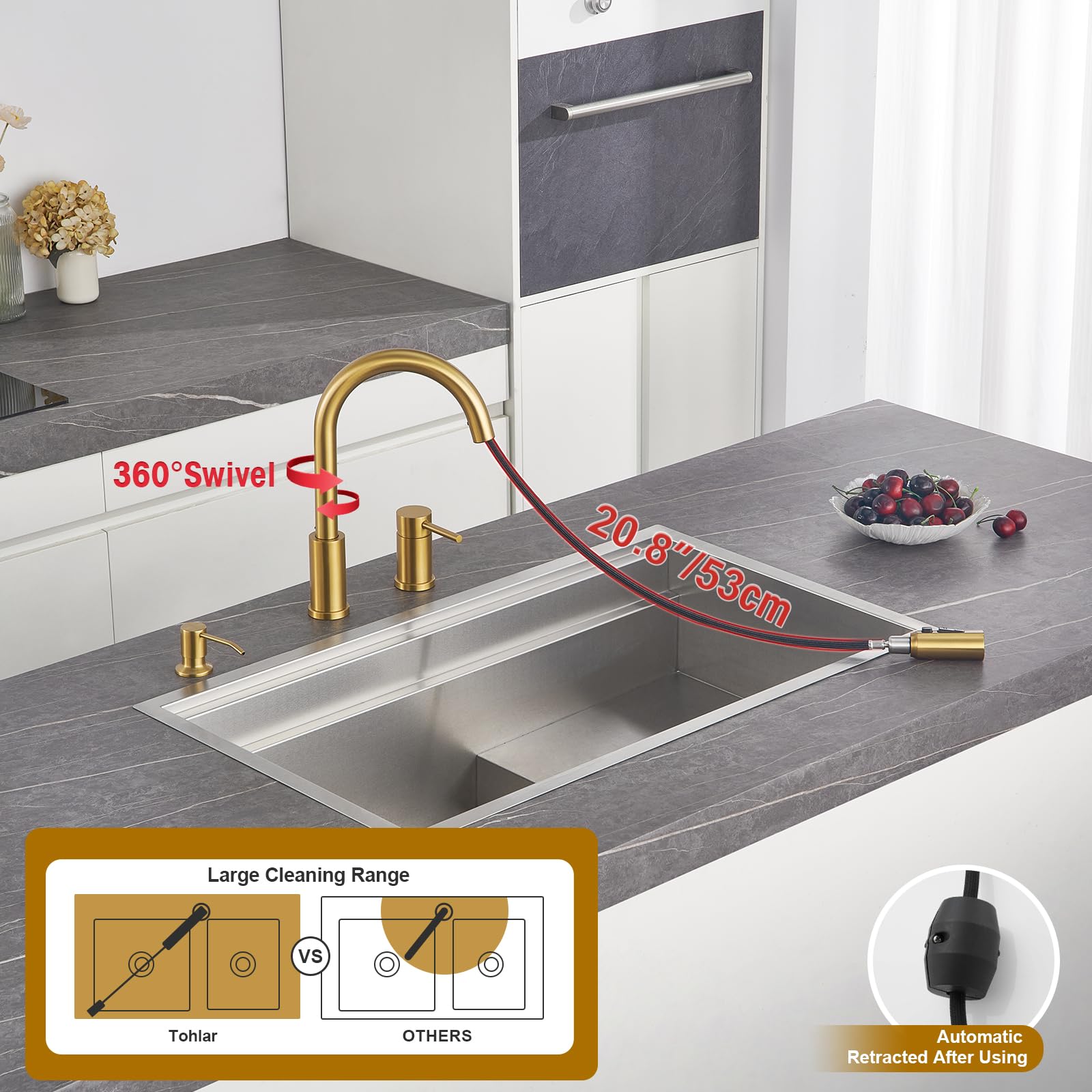 Tohlar Gold Shower Faucet Set with Tub Spout, Bathtub and Shower Faucet Combo Kit & Tohlar Brushed Gold Kitchen Faucet Single Handle High Arc Kitchen Faucets