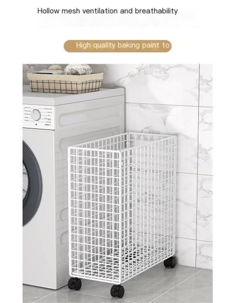 MAGUZA Iron Wire Laundry Hamper, Collapsible Clothes Hamper with Hooks and Baskets, Metal Rolling Laundry Cart for Bathroom (Color : Golden, Size : 38 * 20.5 * 53cm)