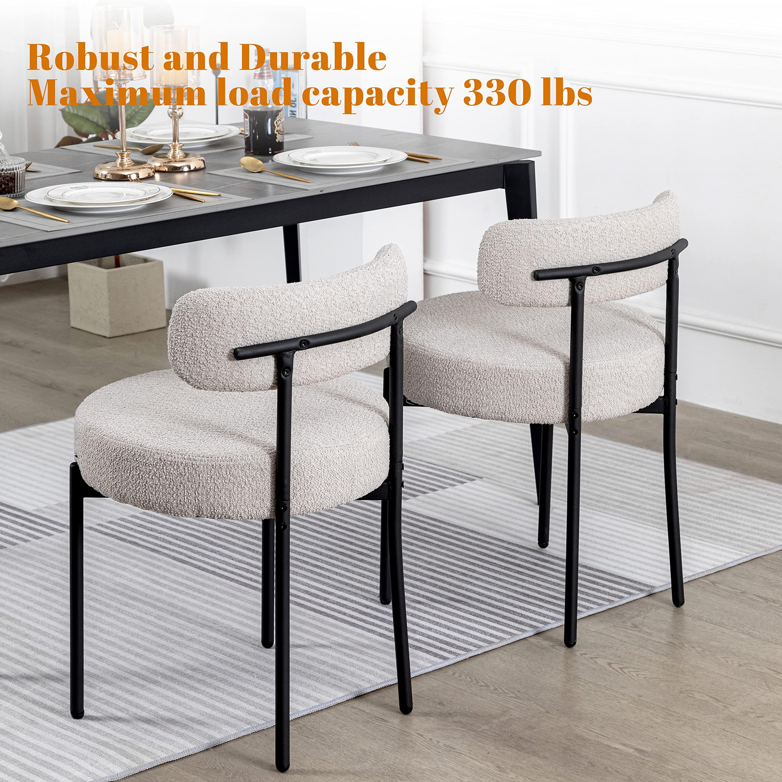 DYHOME Light Grey Dining Chairs Set of 4, Modern Dining Room Chairs Mid-Century, Round Upholstered Kitchen Chairs with Black Metal Legs, Boucle Sherpa Dining Chair