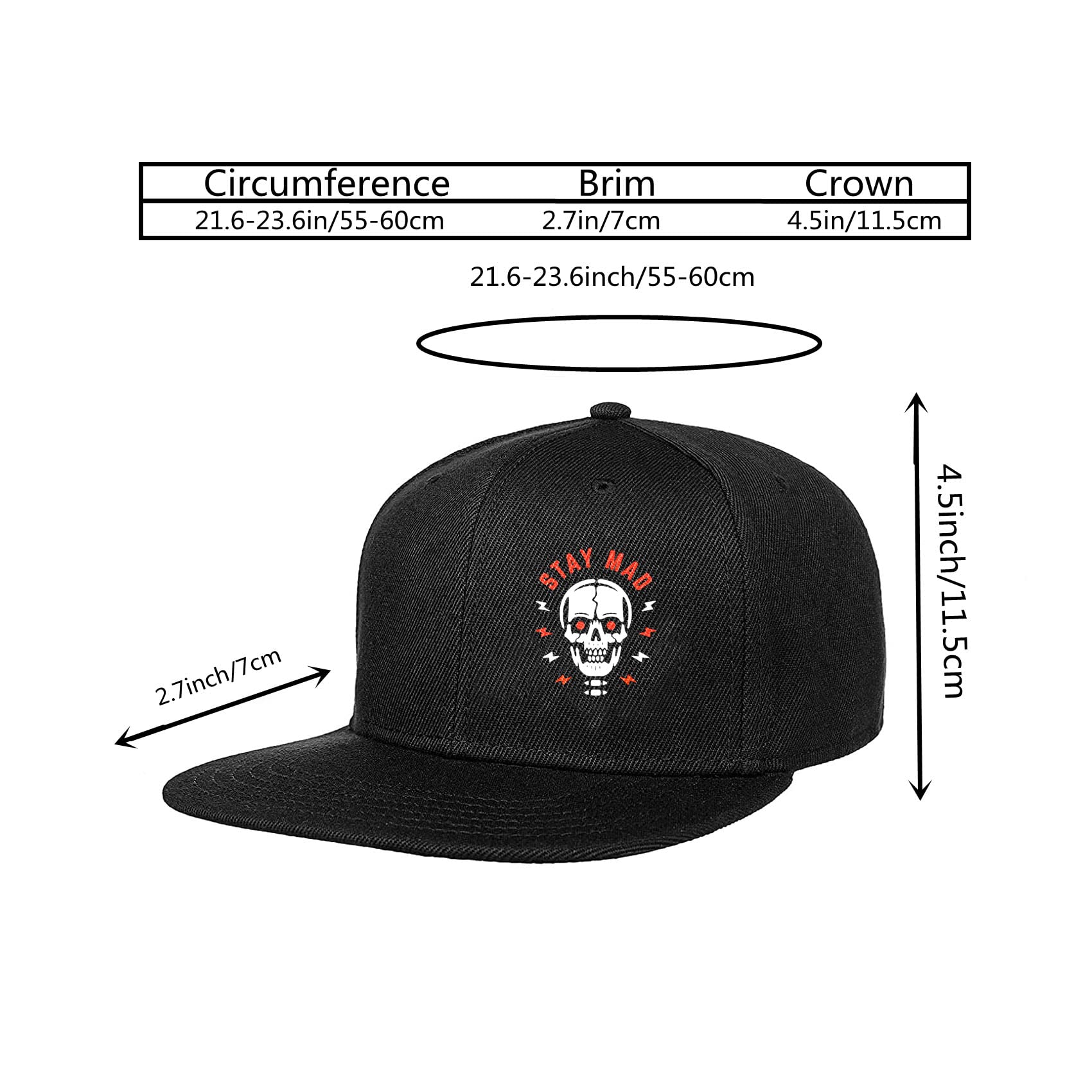 Flat Bill Hats for Men Snapback Hat Womens Skull Rock Baseball Cap Wide Brim Caps Adjustable Hip Hop Cool Trucker Dad Light Bulb Stay Mad