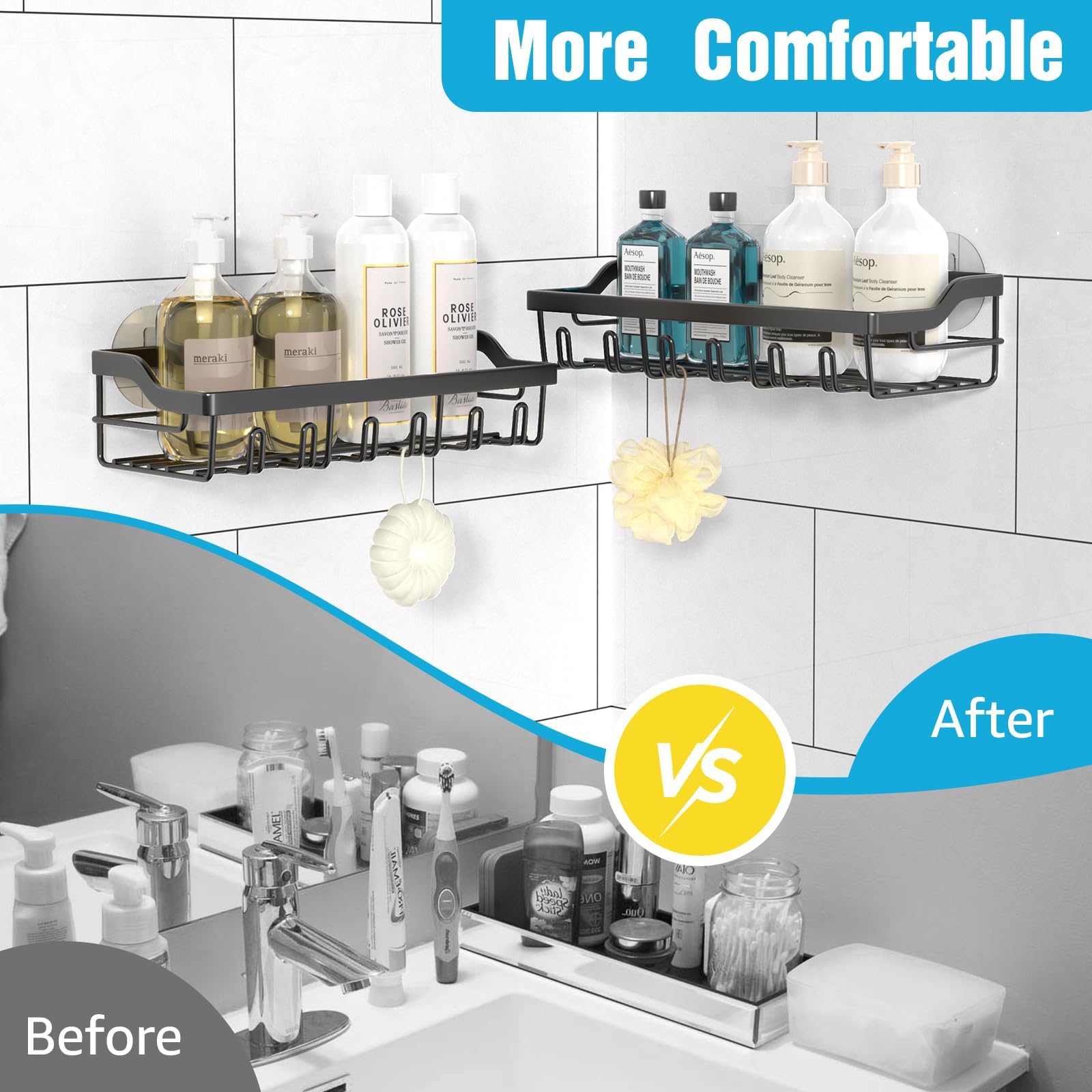 Hsiohe 5 Pack Shower Caddy, Adhesive Shower Organizer for Bathroom Storage, Rustproof Stainless Steel Shower Shelves, No Drilling Large Capacity Shower Rack Shelf for Inside Shower, Black