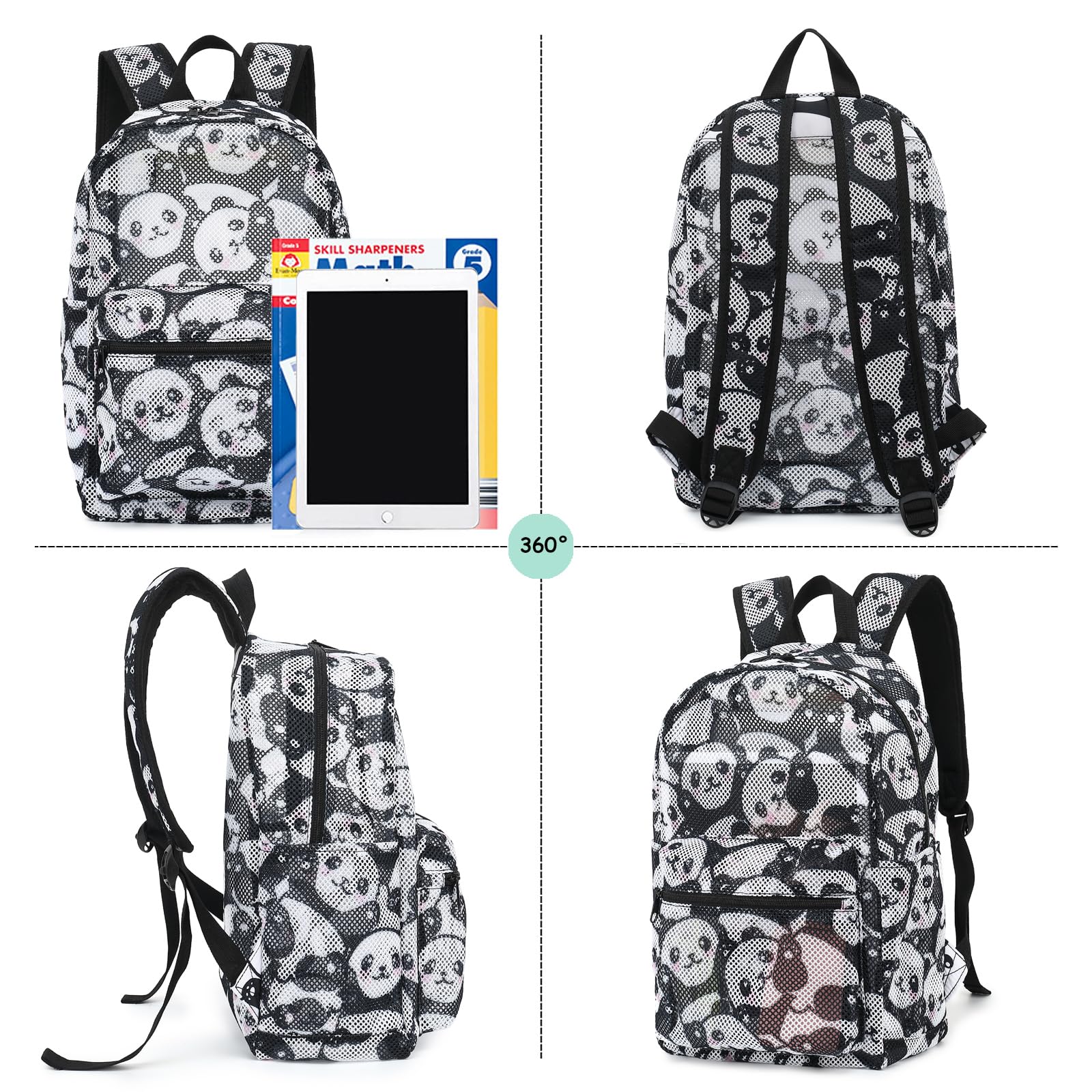 Fuyicat Panda Mesh Backpack for Women Girls, Semi-Transparent School Bag Bookbag See Through Beach Bags for Kids Adults