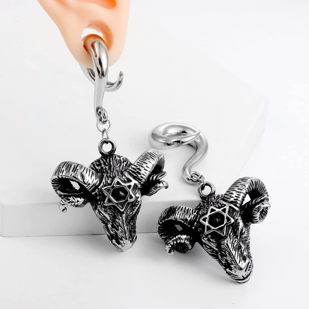 Earblity (8mm 0g Hook Plugs Ear Weight Bull Head Dangle Piercing Ear Gauges Silver Hypoallergenic 316 Stainless Steel Stretcher Body Jewelry 2PCS