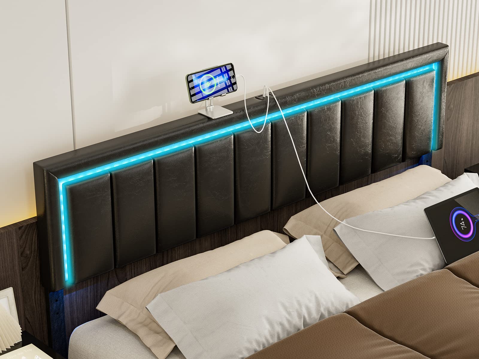 IKIFLY King Size LED Headboard with 2 USB Ports, Adjustable Height - Modern Faux Leather Headboard with Changing LED Lights - Easy Assembly, Upholstered King Headboard Only for Bedroom - Black
