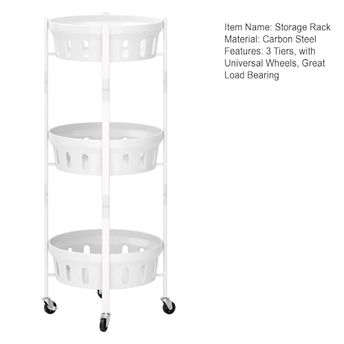 TOLUON Foldable Kitchen Storage Rack with Universal Wheels, 3 Tiers Large Capacity Smooth Sliding Vegetable Basket, Sturdy Construction No Installation Sundries Storage Shelf for Dorm Office White