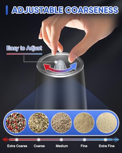 Gravity Electric Pepper and Salt Grinder Set, Adjustable Coarseness, With LED Light, One Hand Automatic Operation, Stainless Steel Black, (2 Pack Black)