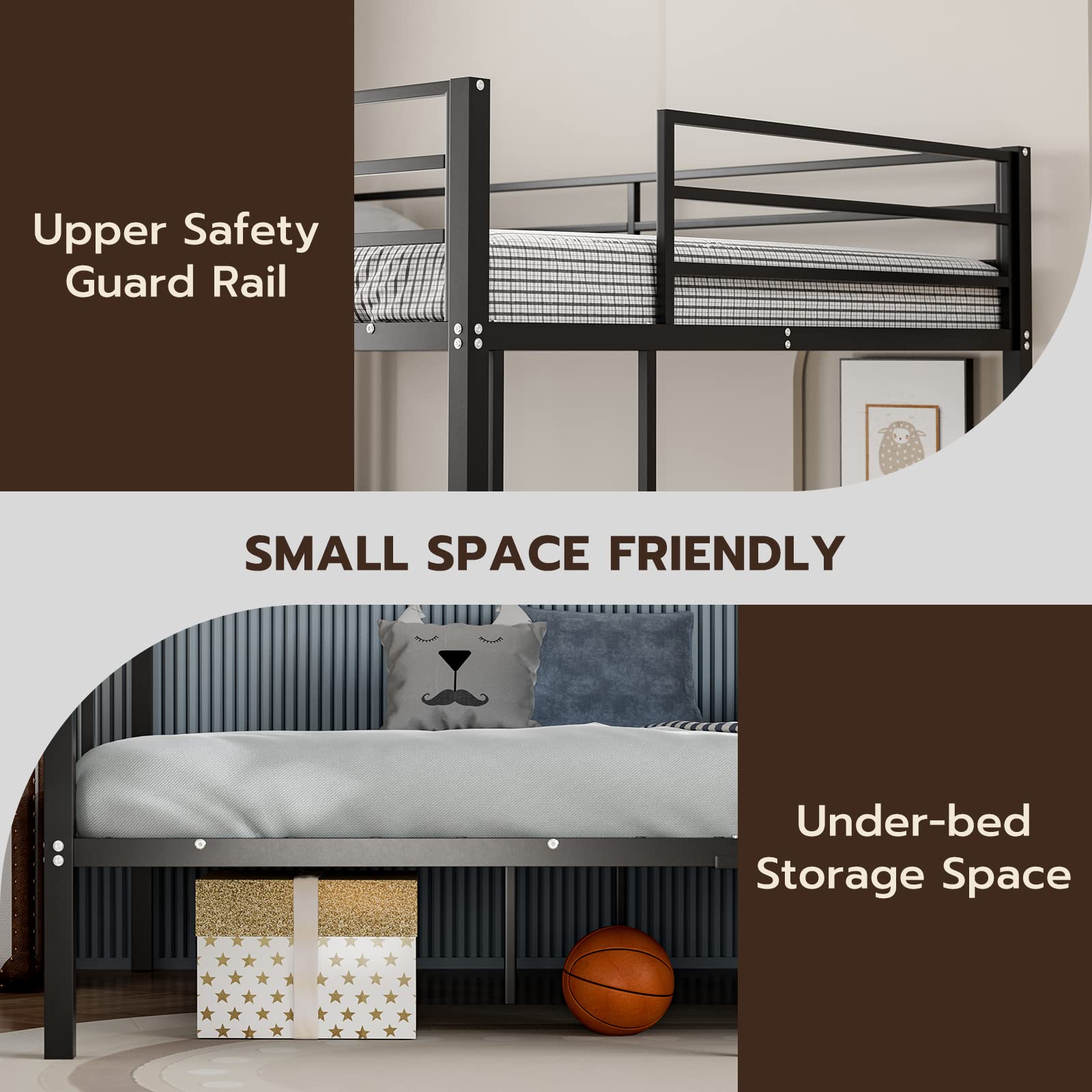 IKIFLY Metal Full Over Full Bunk Beds, Heavy Duty Full Size Bunk Bed Frame with 2 Built-in Ladders, Safety Guard Rail, Space-Saving Design, for Kids, Teens, Adults - No Box Spring Needed - White