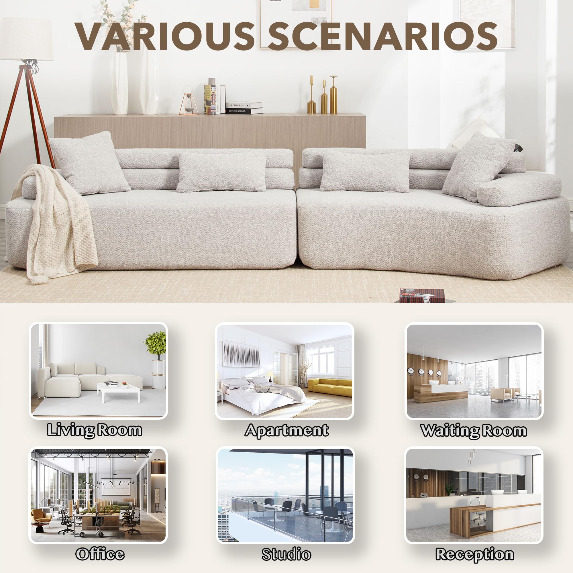 LuxyHoom 139'' Sectional Sofa Couch, Modern Modular Sofa, Minimalist Curved Sofa, 4 Pillows, 4 Seat Comfy Cloud Sofa for Living Room Furniture Set, Apartment, Hotel, No Assembly Required, Light Grey
