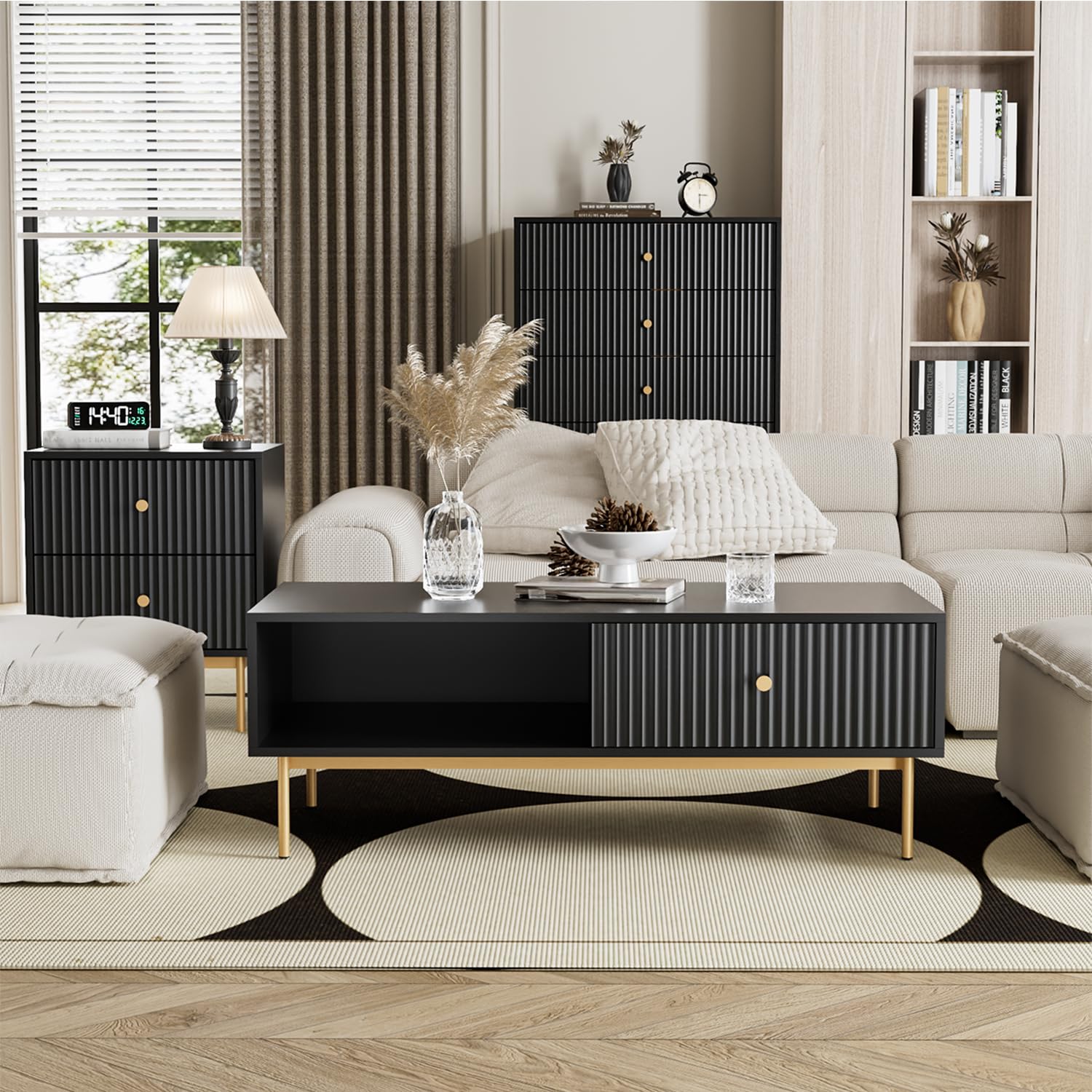 ORGANSANDS Black Nightstand Set of 2 for Bedroom, Fluted nightstand with 2 Drawers, Modern Storage Bedside Table with Wide Tabletop, End Tables with Gold Metal Legs & Handle
