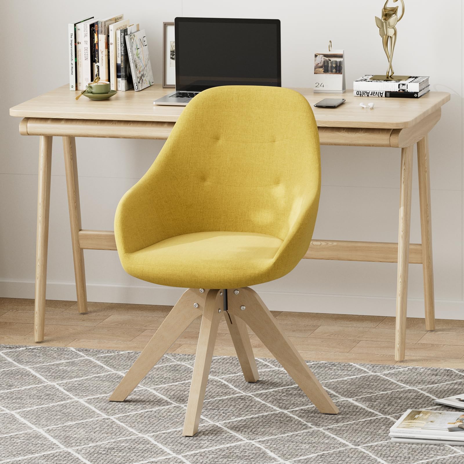 IKIFLY Modern Swivel Accent Chair, Upholstered Armchair Desk Chair No Wheels with Solid Wood Legs, Mid-Century Dining Chair for Dining Living Room Home Office (Yellow)