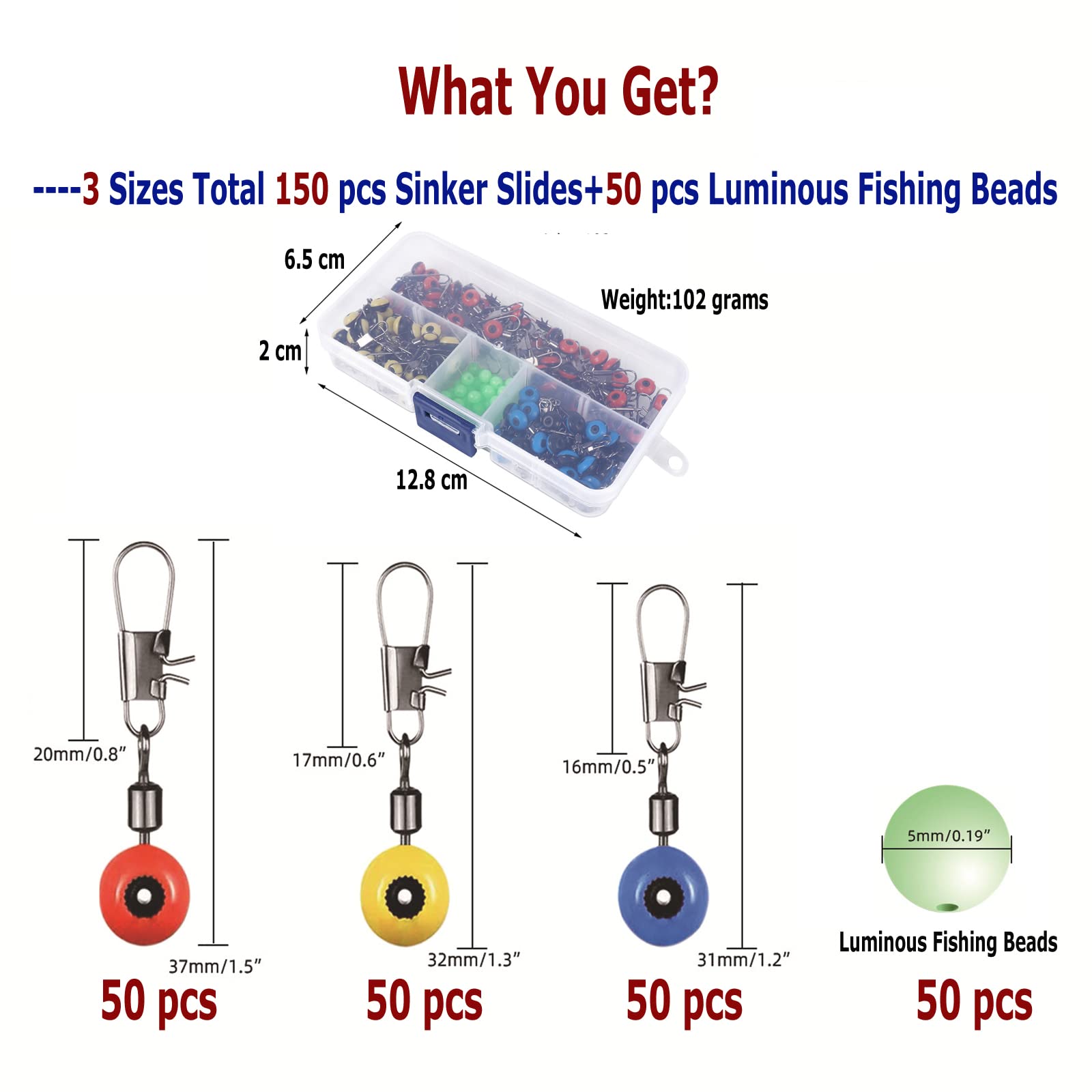 FASPLORE 200 pcs 3 Sizes Fishing Line Sinker Slides Kit Hook Shank Clip Connector Swivels Small Fishing Accessories Plastic Tackle Box