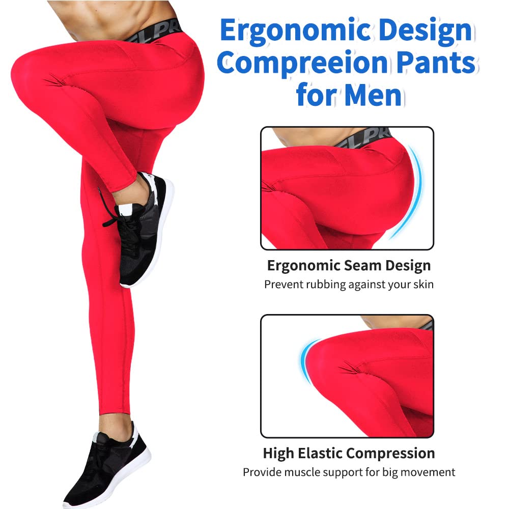 EARGFM Men's Athletic Compression Active Elastic Workout Running Cool Dry Base Layer Pockets Pants, 3 Pack #Red+white+black, Small